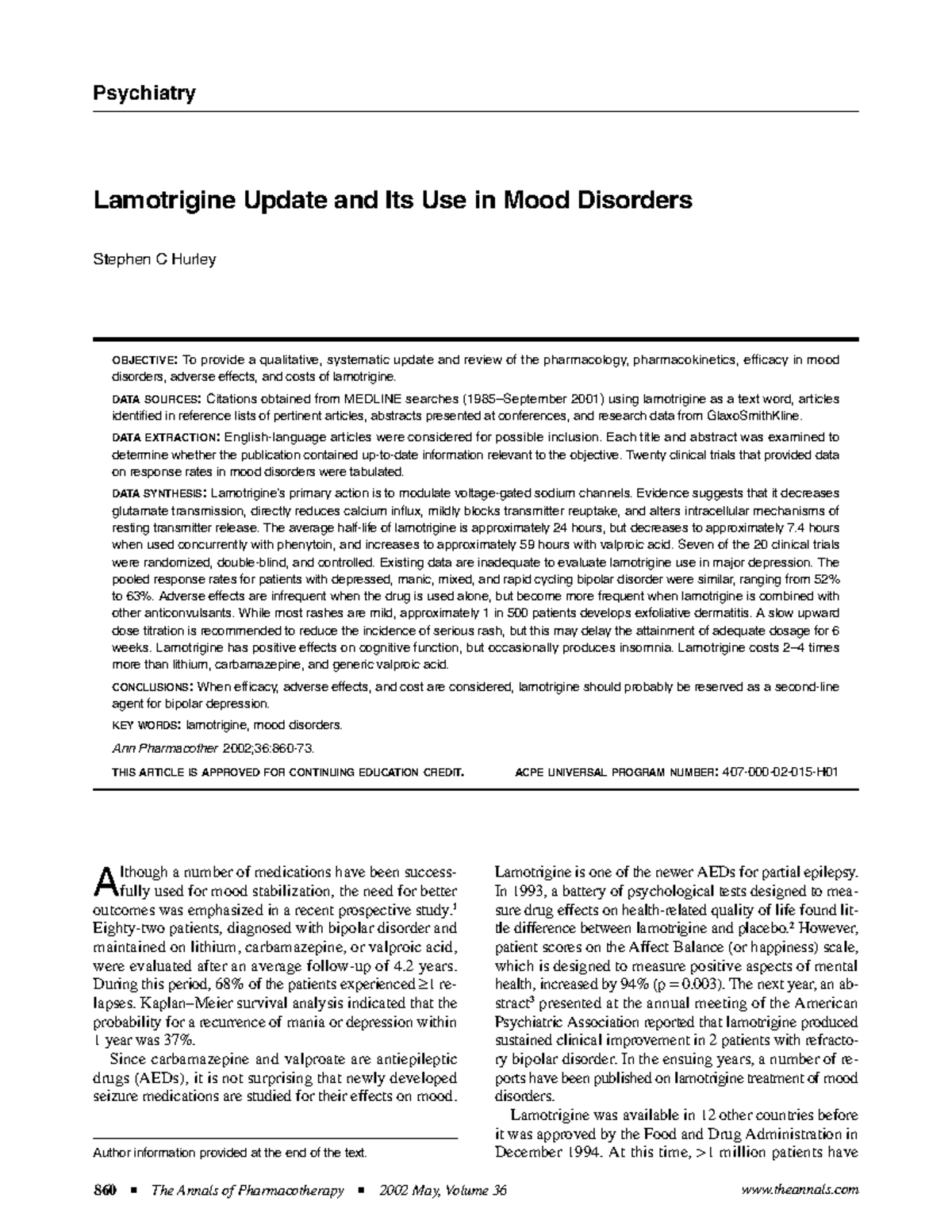 Lamotrigine Update and Its Use in Mood D - 860 The Annals of ...