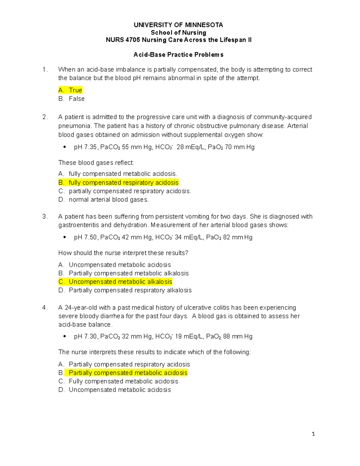 Acid Base Practice Problems 2021 - School of Nursing NURS 4705 Nursing ...