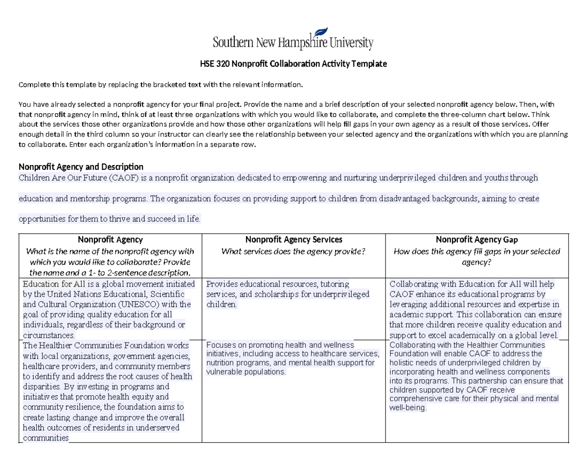 HSE 320 4-2 Nonprofit Collaboration Activity Template - HSE 320 Nonprofit Collaboration Activity ...