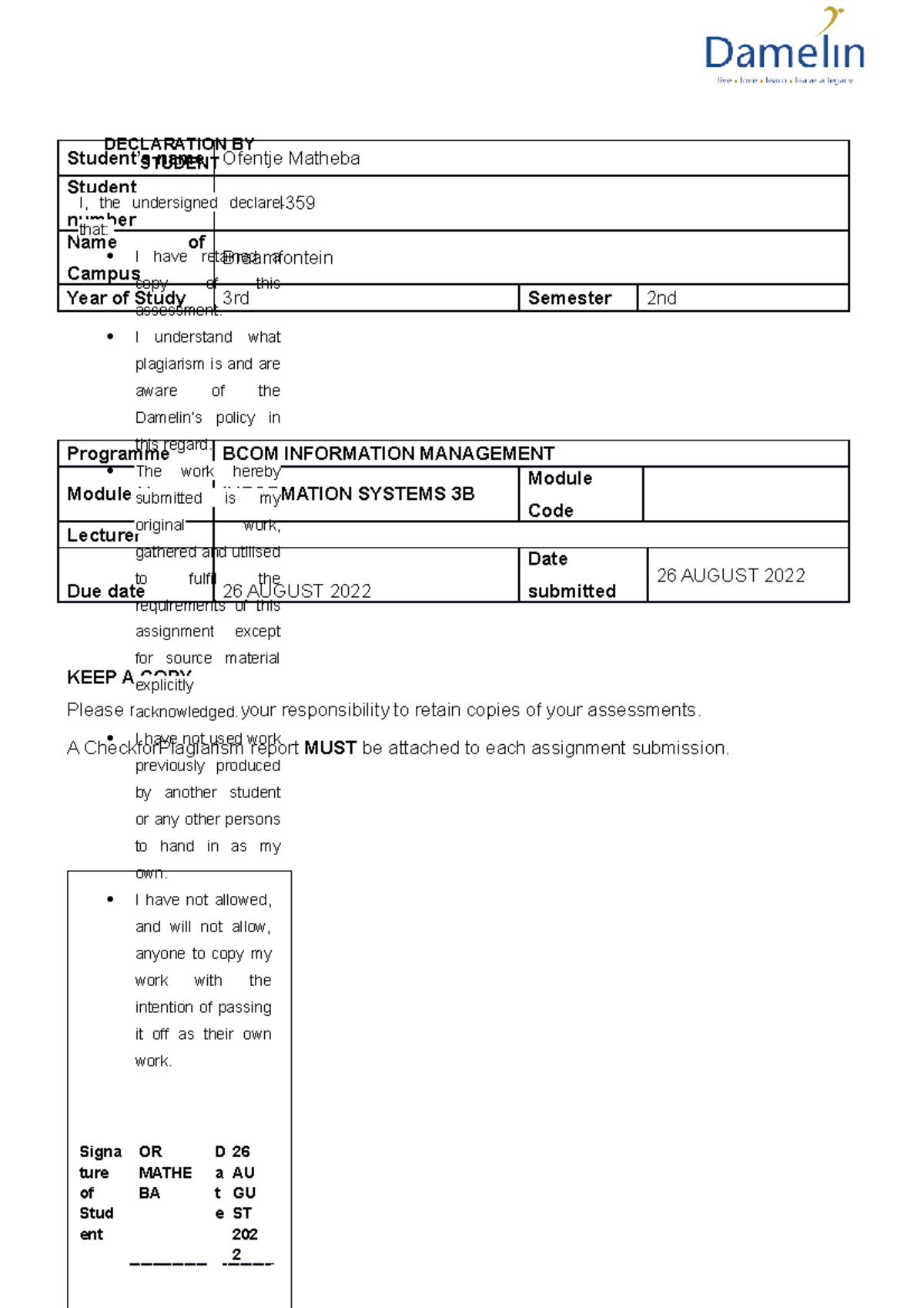 Ofentse mathebe, student number 2018 04359 - Student’s name Ofentje ...
