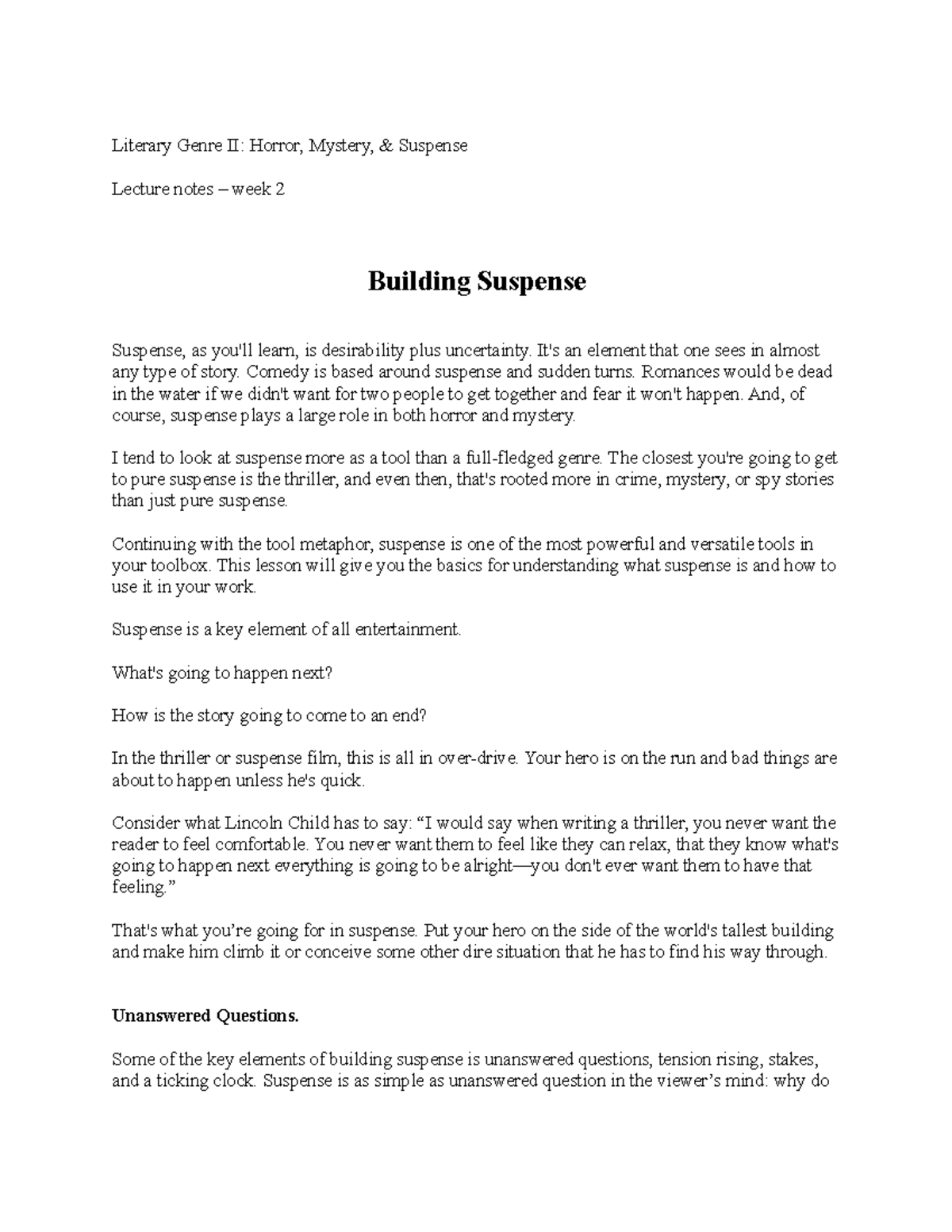 Literary Genre II. Horror, Mystery, and Suspense: Building Suspense ...