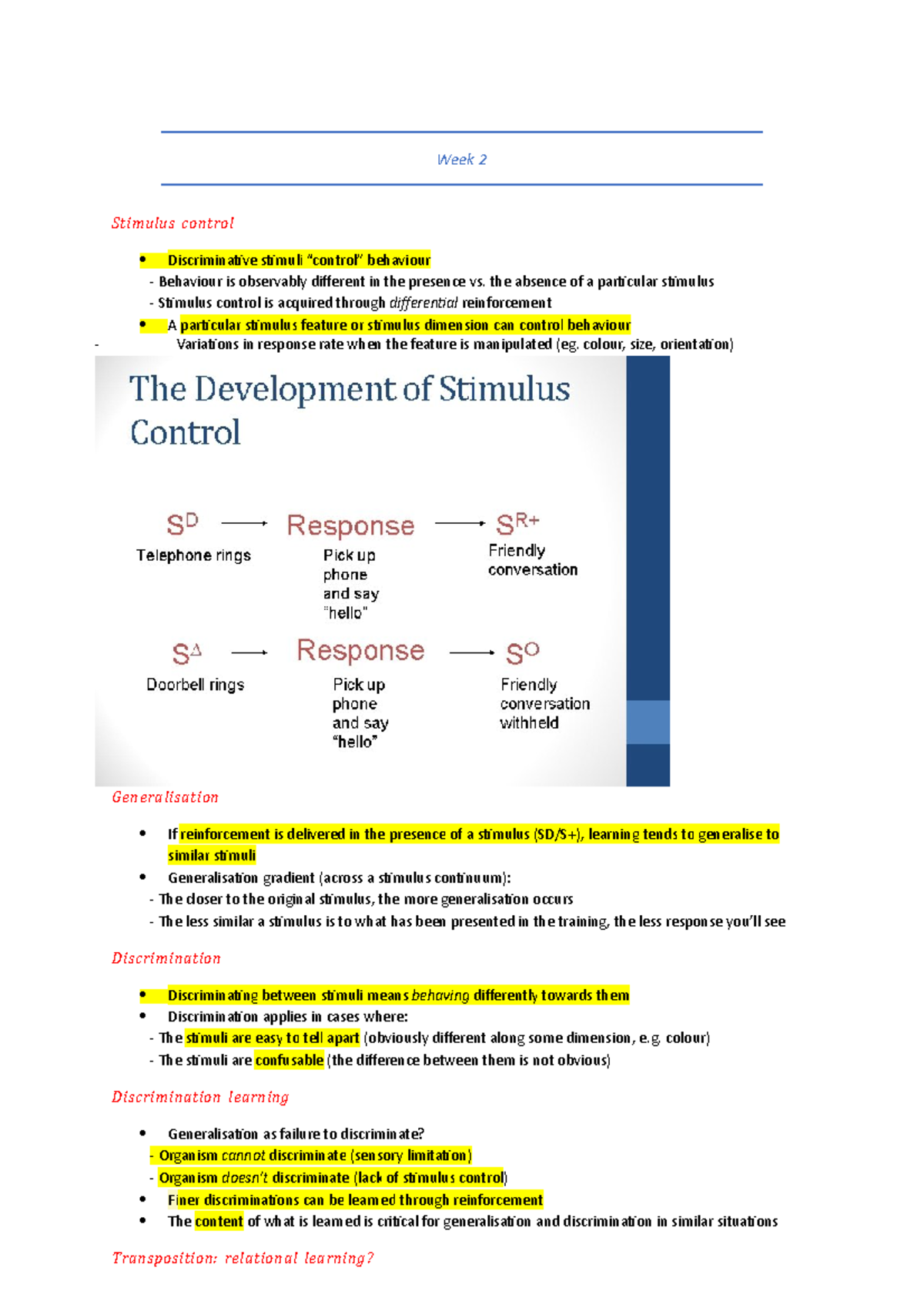 Week 2 - Lecture notes 2 - Week 2 Stimulus control Discriminative ...