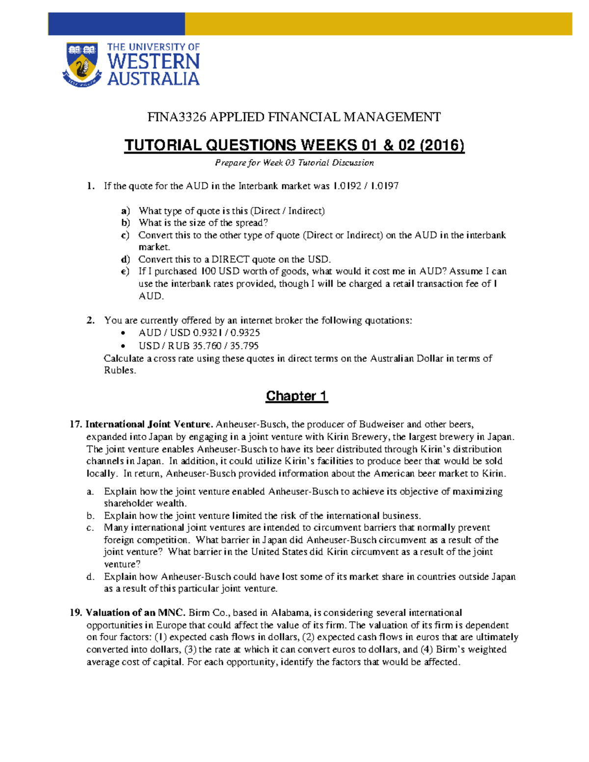 Tutorial work - 1 - FINA3326 APPLIED FINANCIAL MANAGEMENT TUTORIAL ...