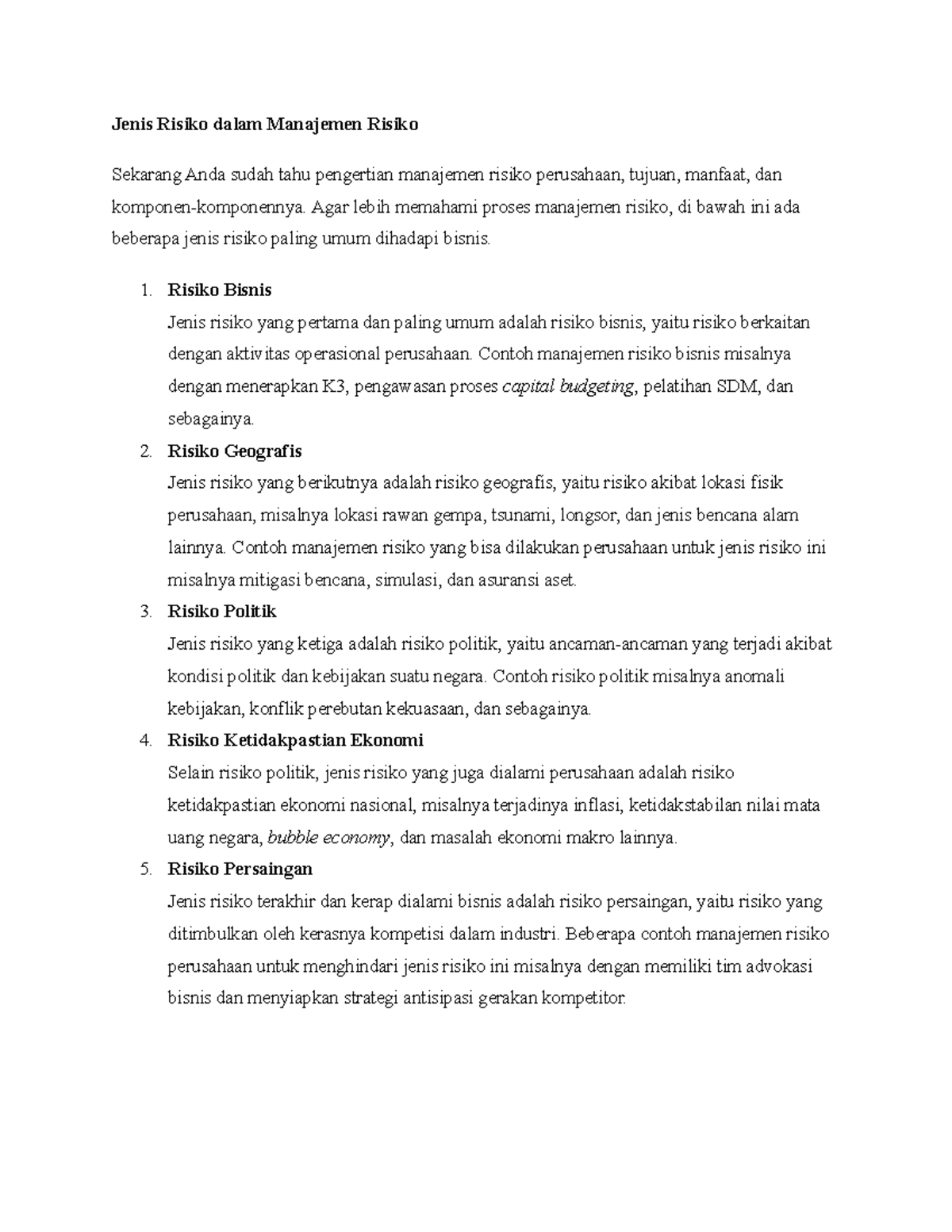 Jenis Risiko dalam Manajemen Risiko - Jenis Risiko dalam Manajemen ...