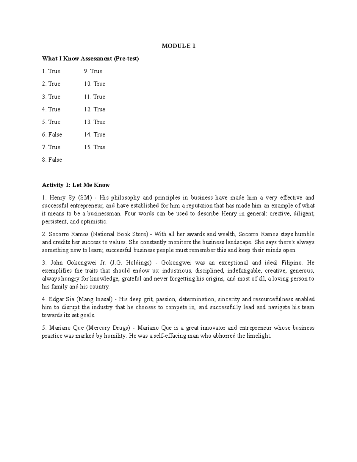 Entrep Grade 12 - MODULE 1 What I Know Assessment (Pre-test) True 9 ...