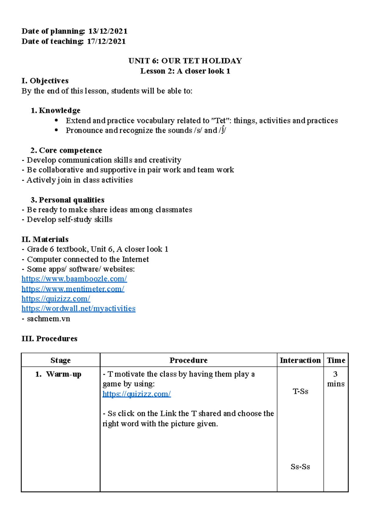 Lesson PLAN 6 UNIT 6 A Closer LOOK 1 - Date of planning: 13/12/ Date of ...