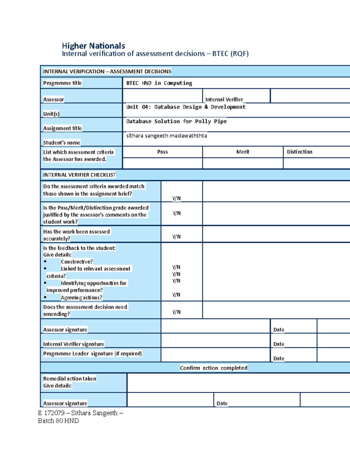 Unit 04 Database design and Development Reworded 2021 - Higher Nationals Internal verification ...