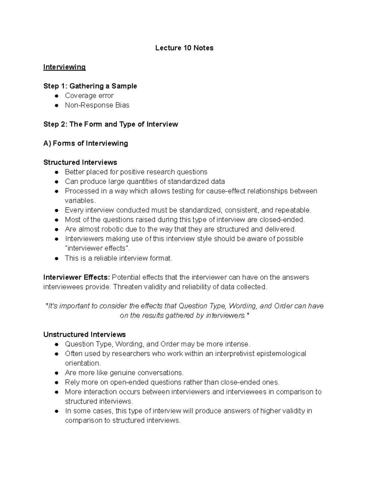 POLSCI 2NN3 - Lecture 10 (Nov. 14) - Lecture 10 Notes Interviewing Step ...