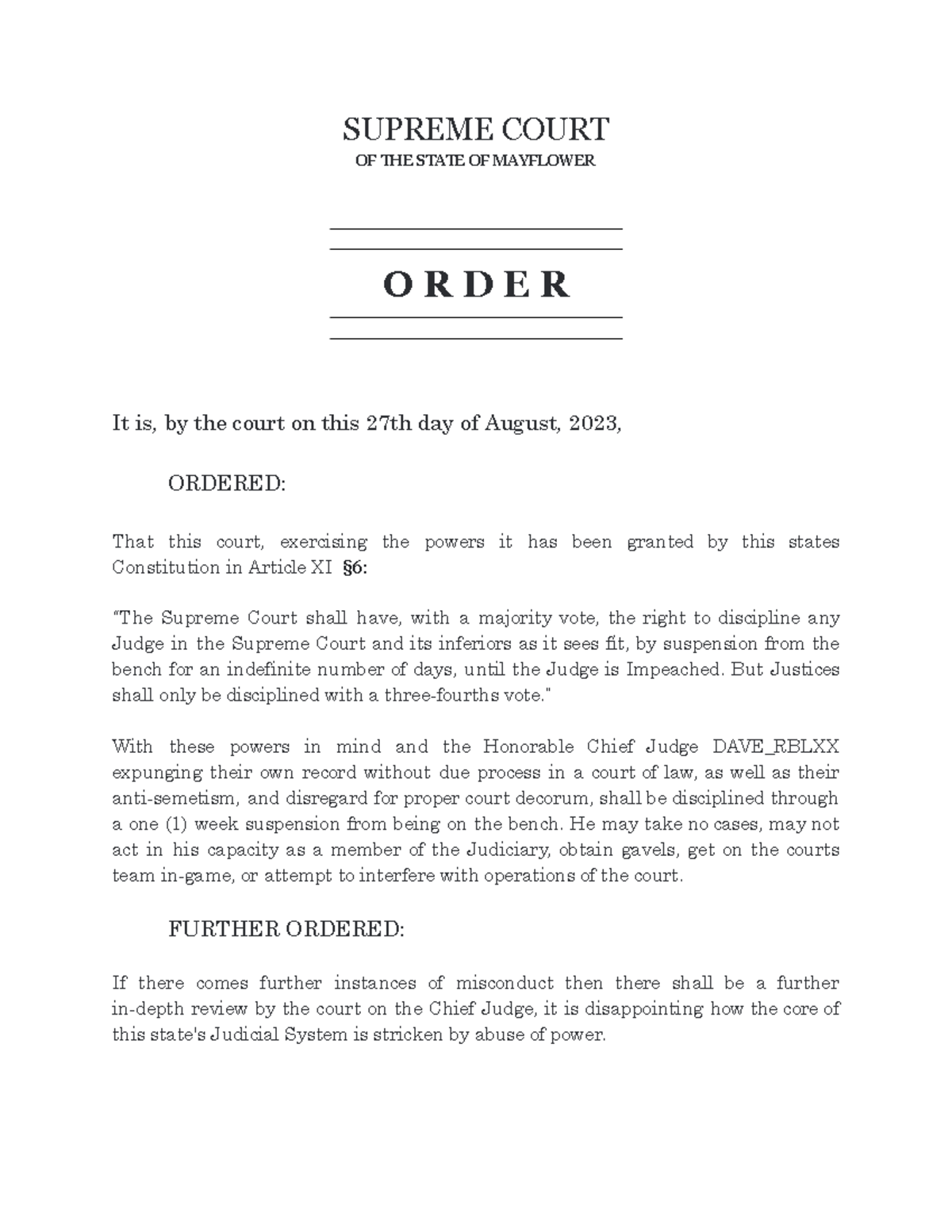 SC Order 1 - quite nice - SUPREME COURT OF THE STATE OF MAYFLOWER O R D ...