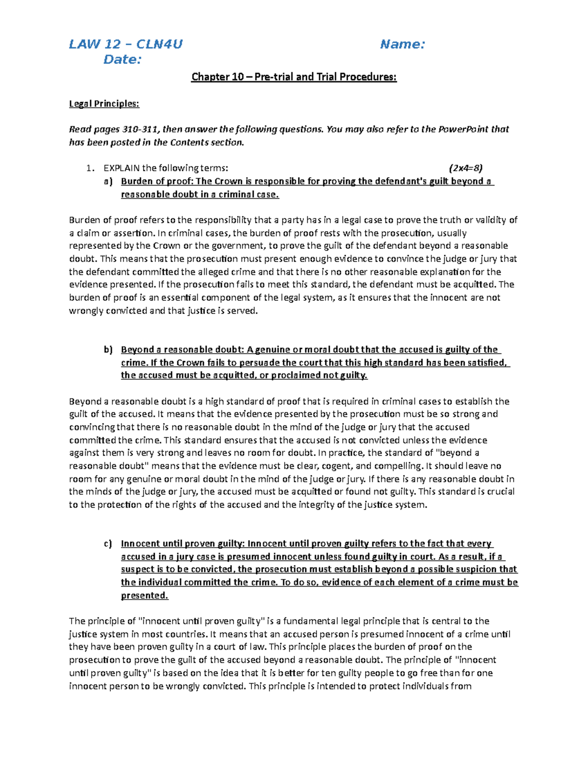 Legal Principles - LAW 12 – CLN4U Name: Date: Chapter 10 – Pre-trial ...