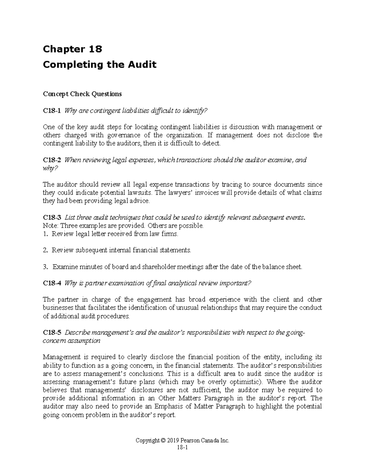 Audit and Assurance 1 - Chapter 18 - Solution - Copyright © 2019 Pearson Canada Inc. Chapter 18 ...