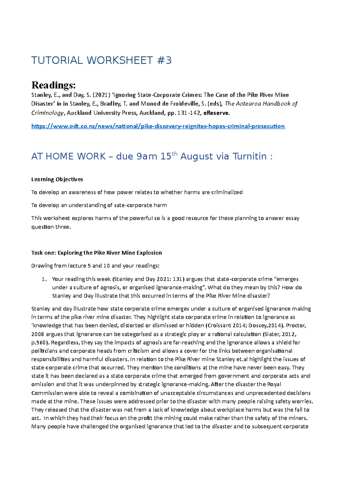 Tutorial 3 15th August - Student - TUTORIAL WORKSHEET Readings: Stanley, E., and Day, S. (2021 ...