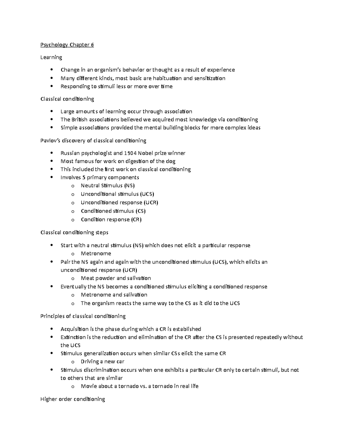 Psychology Chapter 6 Notes - Psychology Chapter 6 Learning Change in an ...