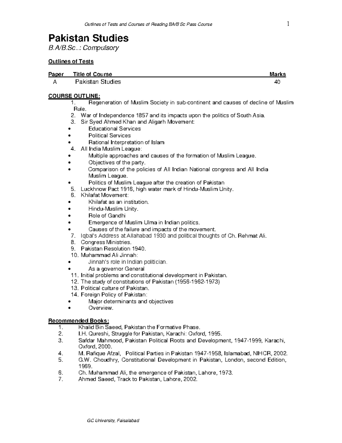 Pakistan Studies - Outlines of Tests and Courses of Reading BA/B Sc ...