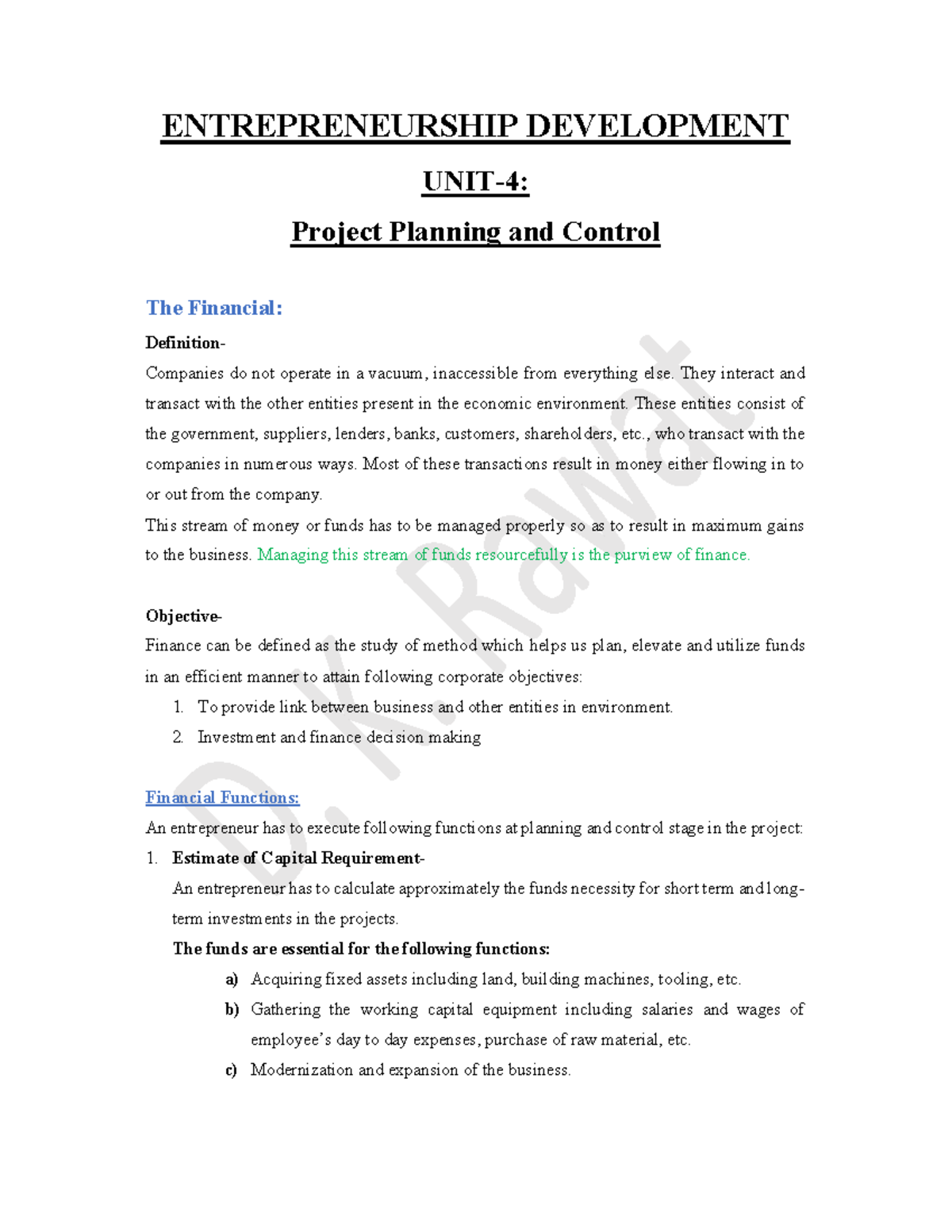 ED Unit-4 - ASASAS - ENTREPRENEURSHIP DEVELOPMENT UNIT-4: Project Planning and Control The - Studocu