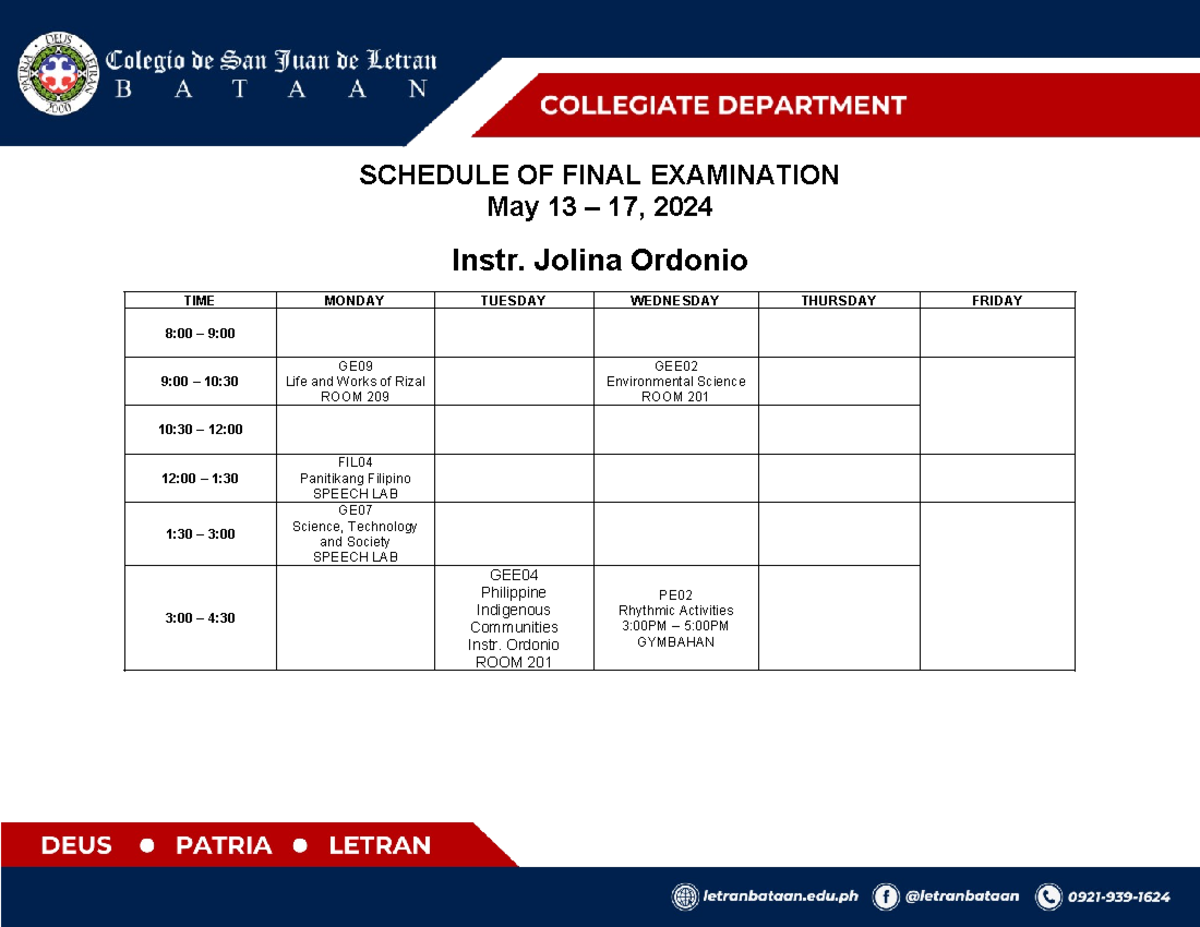 Final Examination Schedule Faculty - May 13 – 17, 2024 Instr. Jolina ...