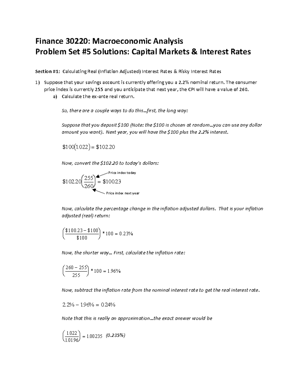 Problem Set #5 Solutions - Finance 30220: Macroeconomic Analysis Problem Set #5 Solutions ...