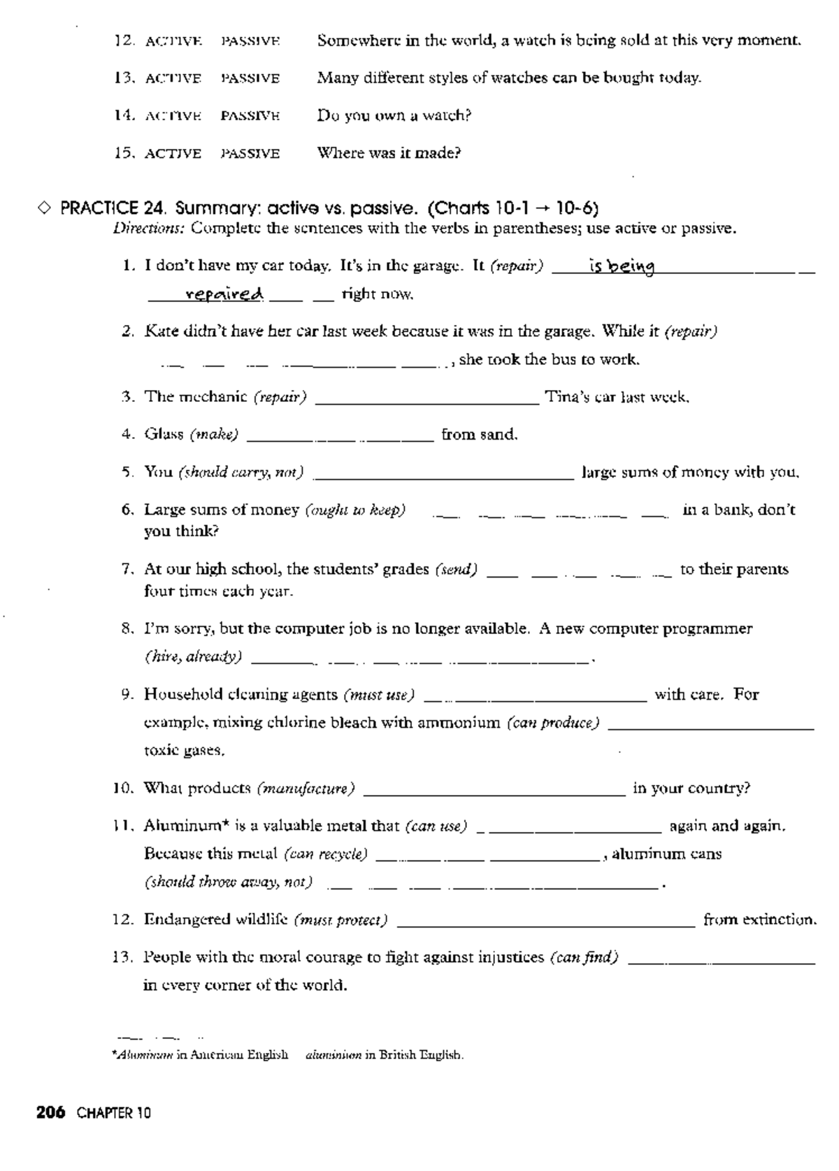 Azar Workbook p 206 - 207 and 217 - 12. ACTIVE PASSIVE 13. ACTIVE ...