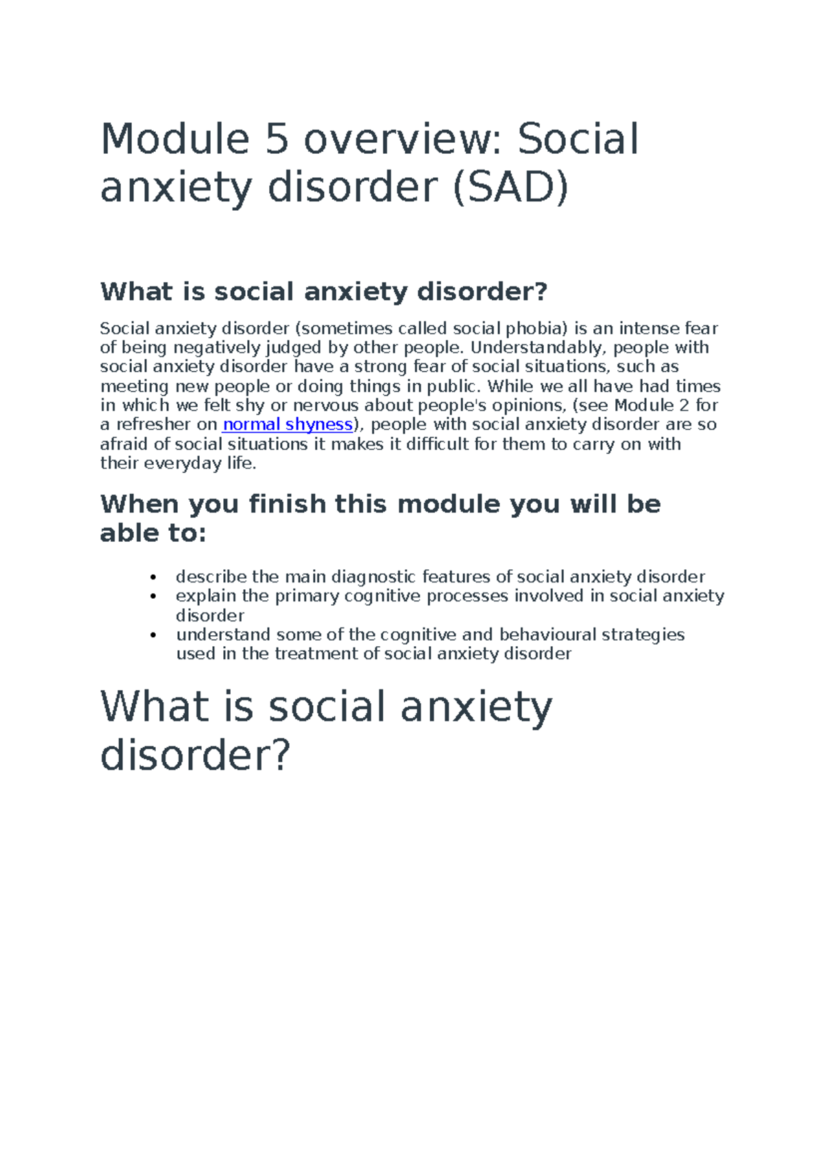 Module-5 - good - Module 5 overview: Social anxiety disorder (SAD) What ...