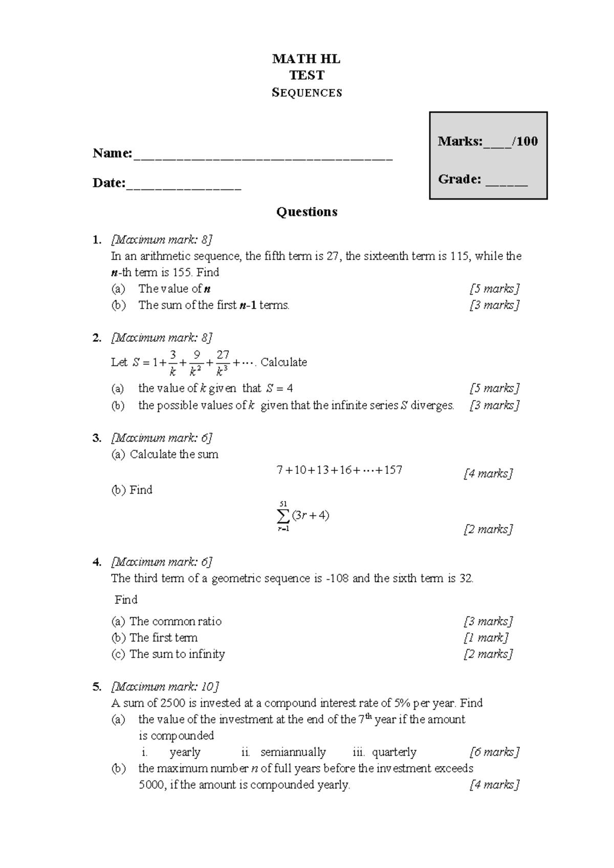 MATH AA HL Test - Sequence and Series - MATH HL TEST SEQUENCES - Studocu