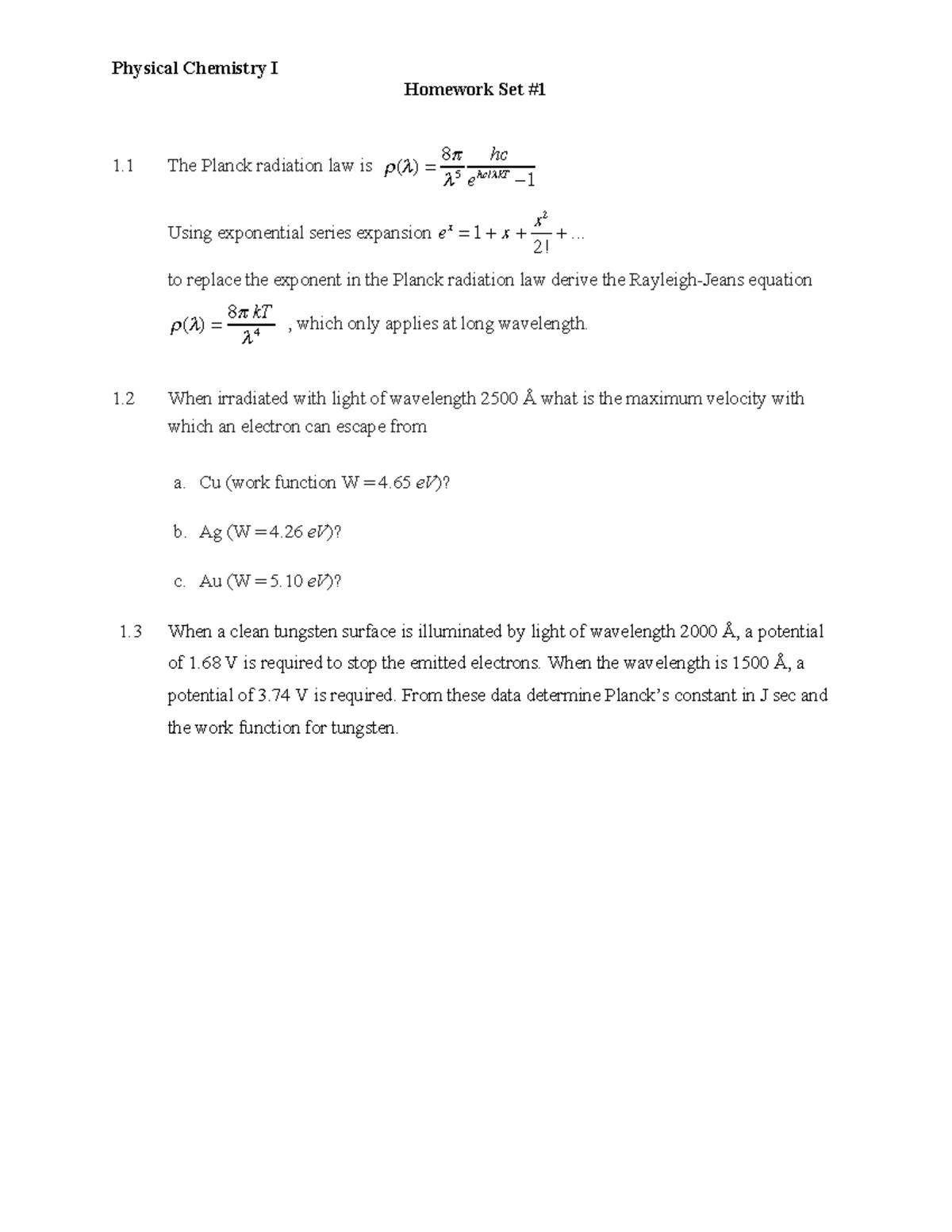 PChem I HW 1 2016 - Homework assignment 1 - Physical Chemistry I ...