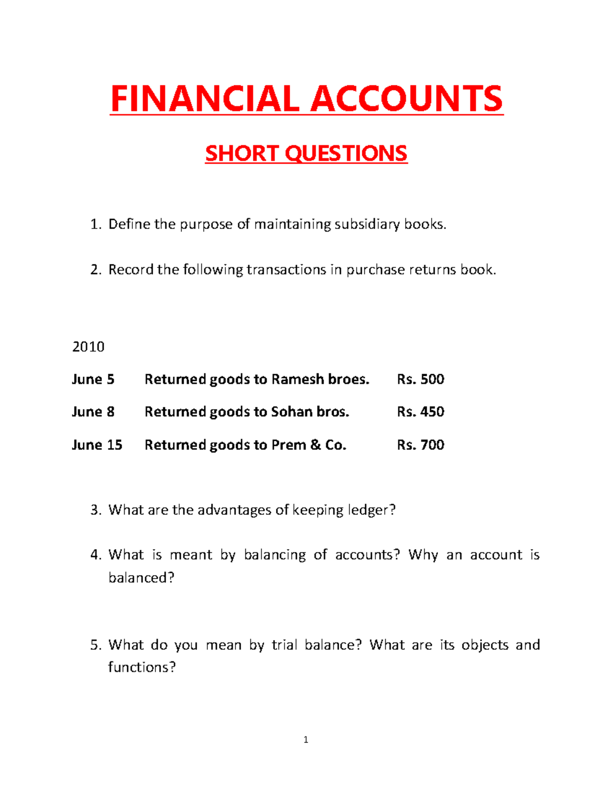 Financial accounting short questions - FINANCIAL ACCOUNTS SHORT ...