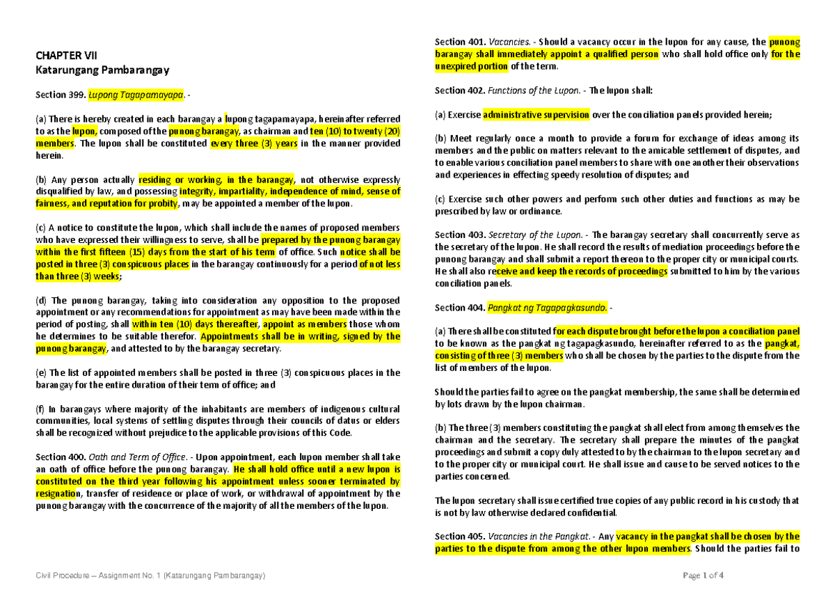 Katarungang Pambarangay - CHAPTER VII Katarungang Pambarangay Section ...