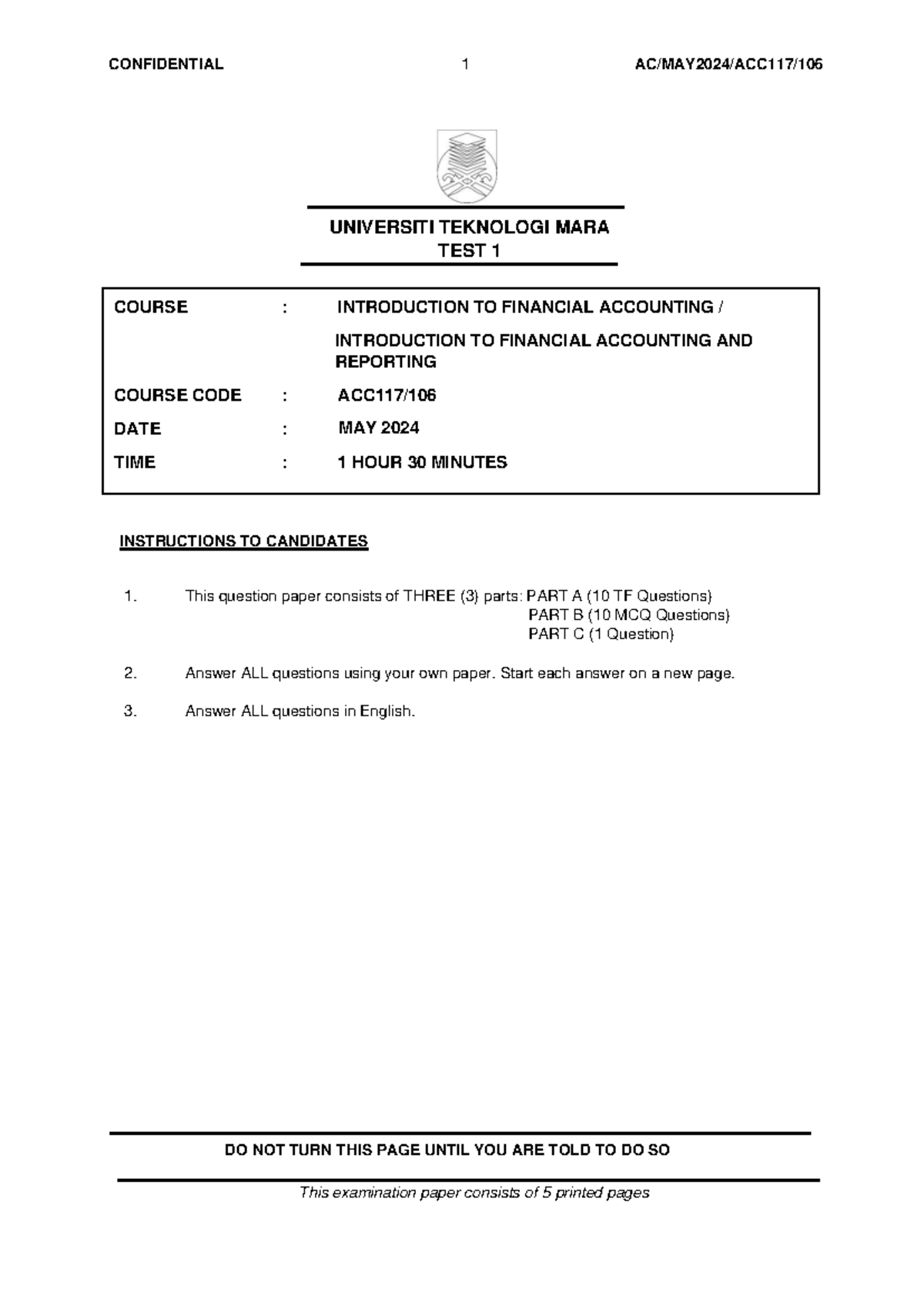 ACC117 ACC106 TEST 1 MAY 2024 Q - UNIVERSITI TEKNOLOGI MARA TEST 1 ...