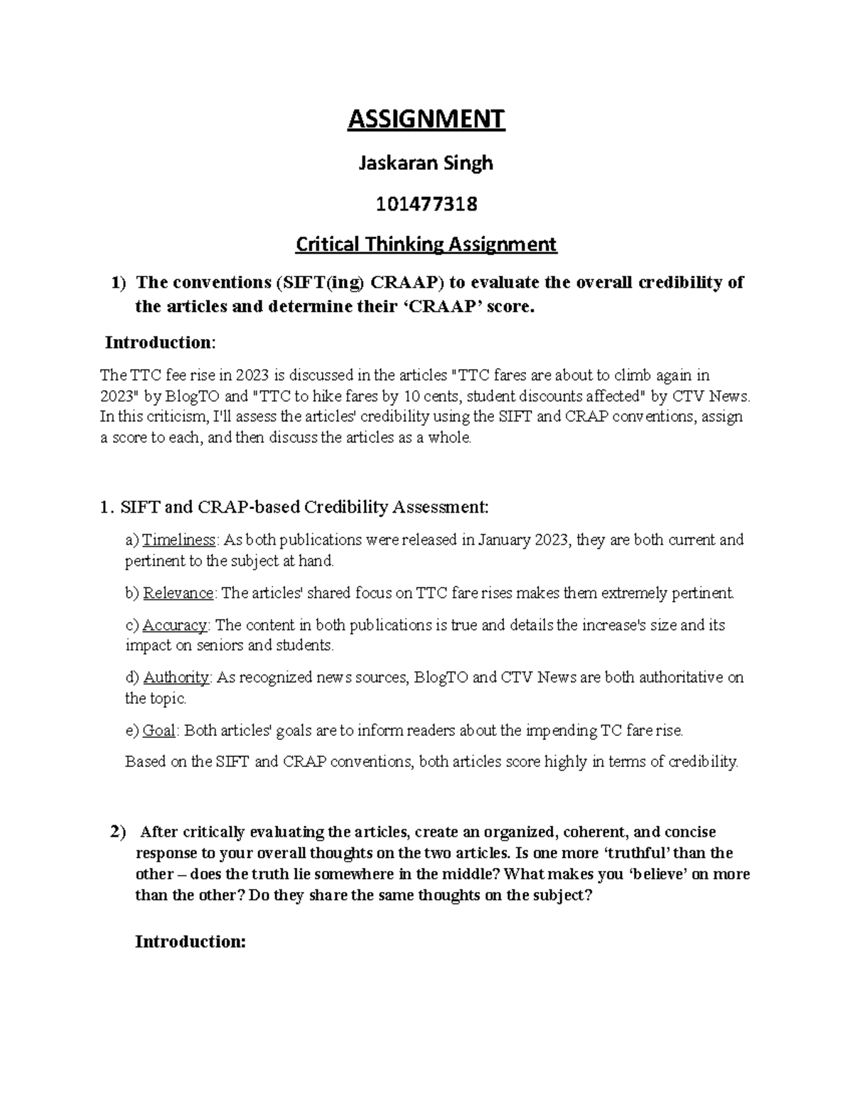 Assignment Critical Thinking Correct Attempt - ASSIGNMENT Jaskaran ...