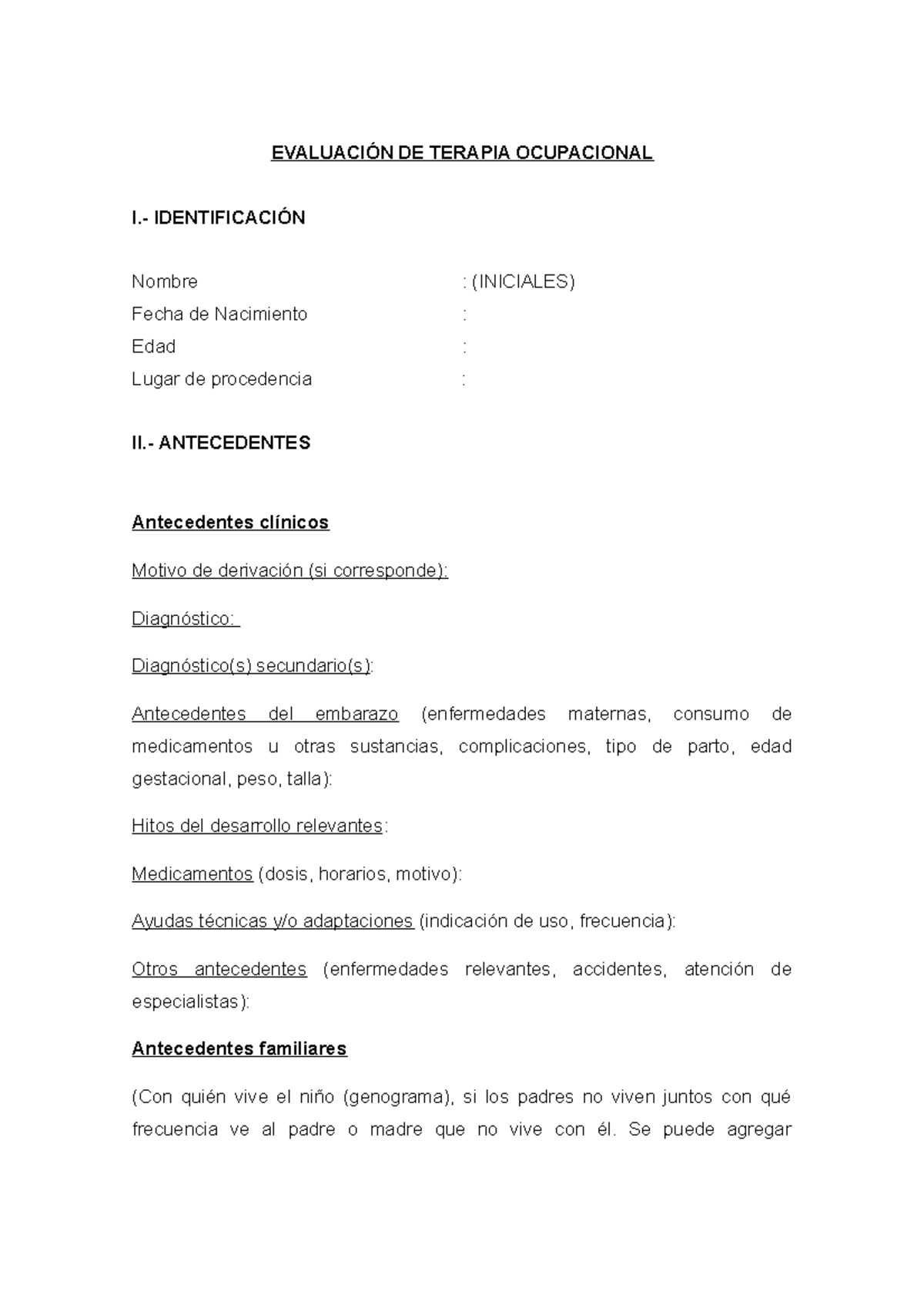 Formato informe terapia ocupacional - EVALUACIÓN DE TERAPIA OCUPACIONAL ...
