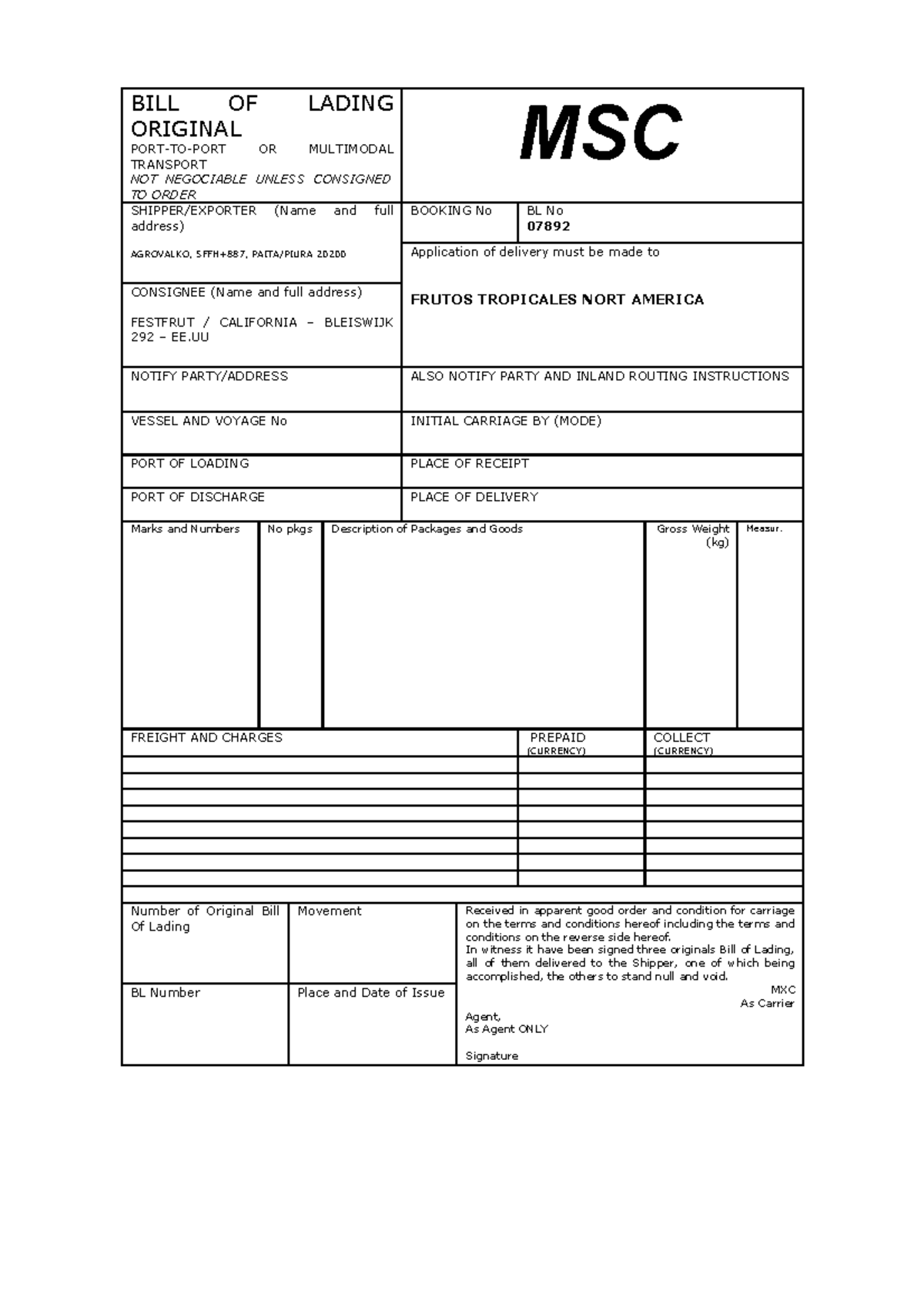 Modelo DE Conocimiento DE Embarque BILL OF Lading - BILL OF LADING ...