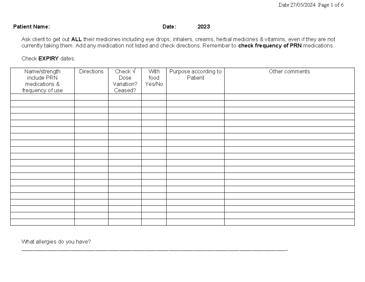 HMR questions template-2 - Patient Name: Date: 2023 Ask client to get ...