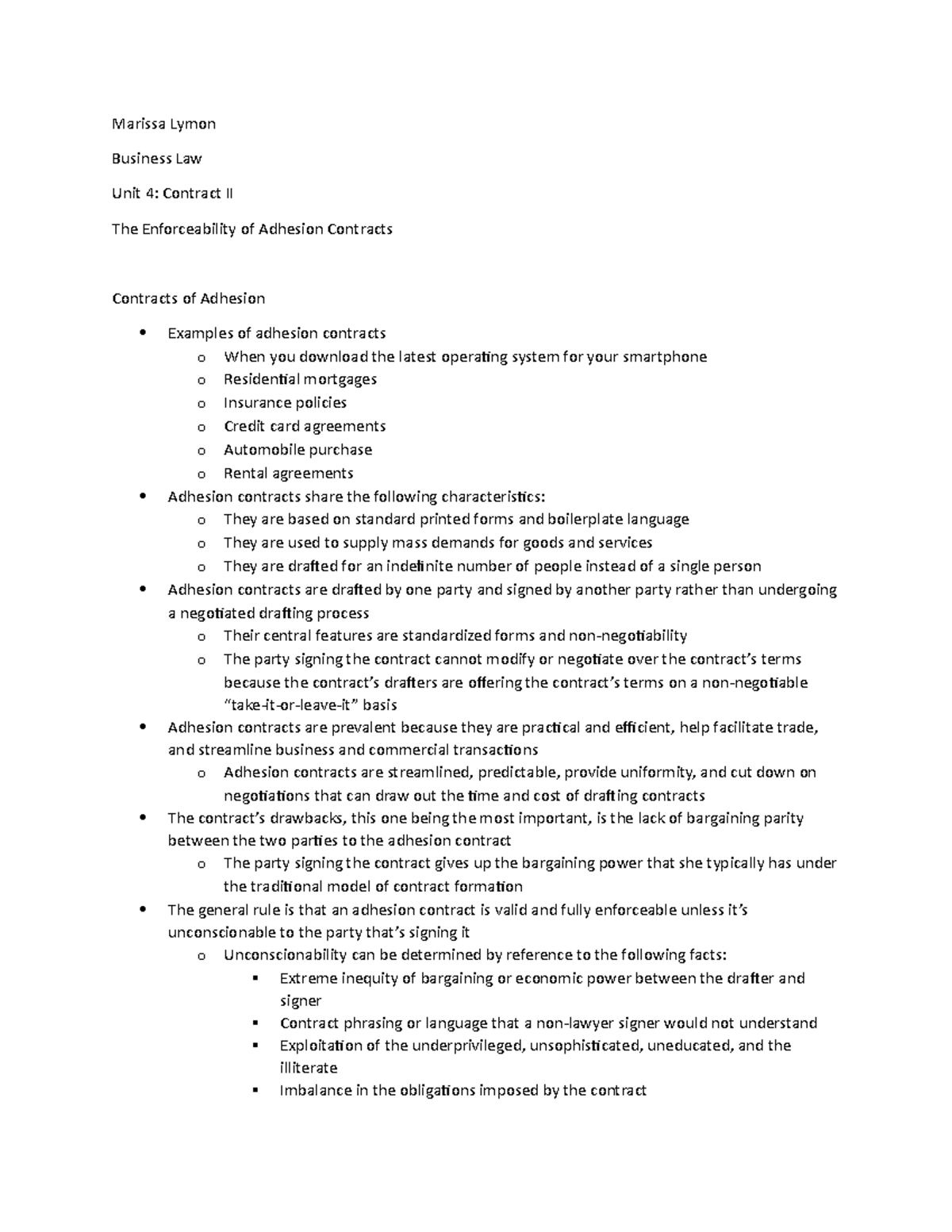 The Enforceability of Adhesion Contracts - Marissa Lymon Business Law ...