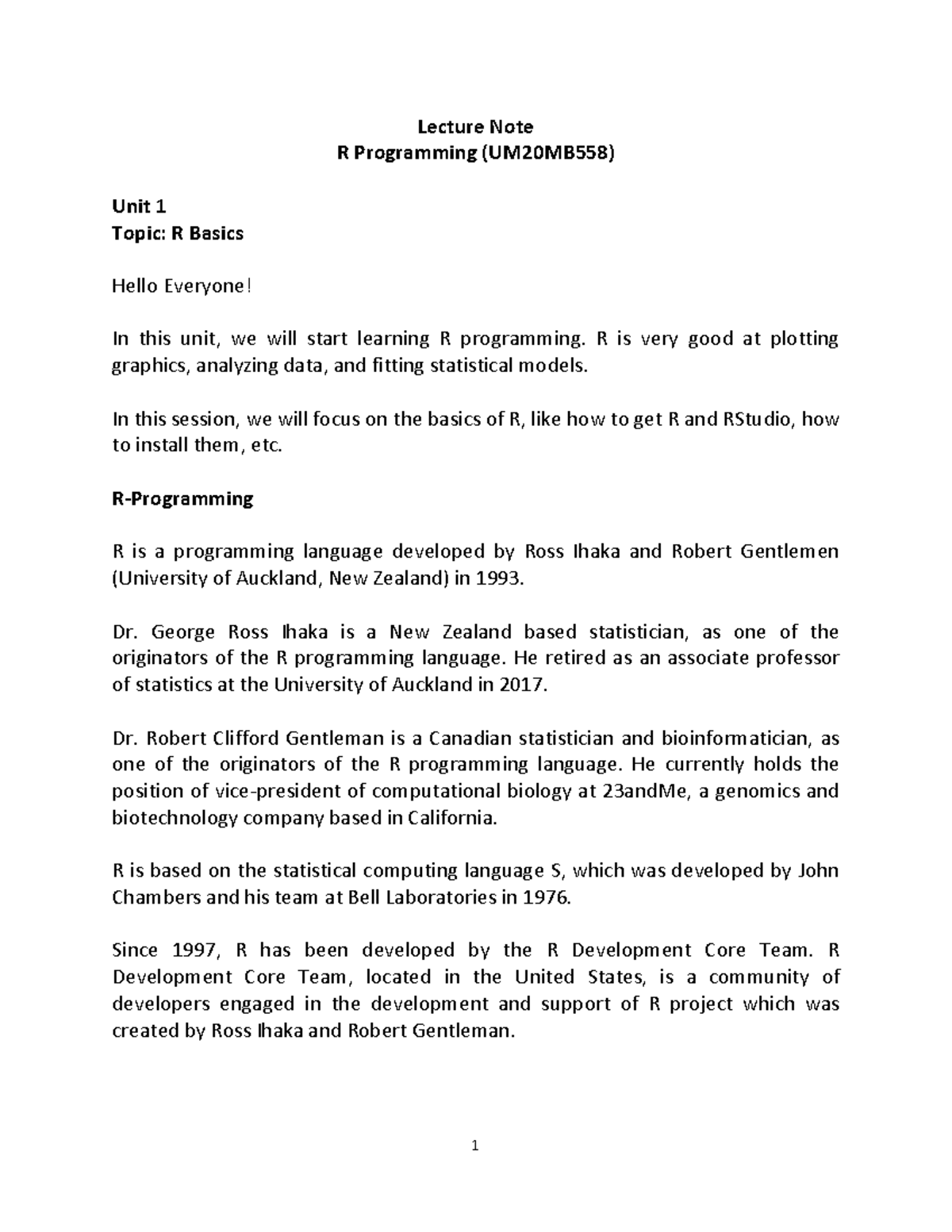 R1 notes - R Programming - PESU - Studocu