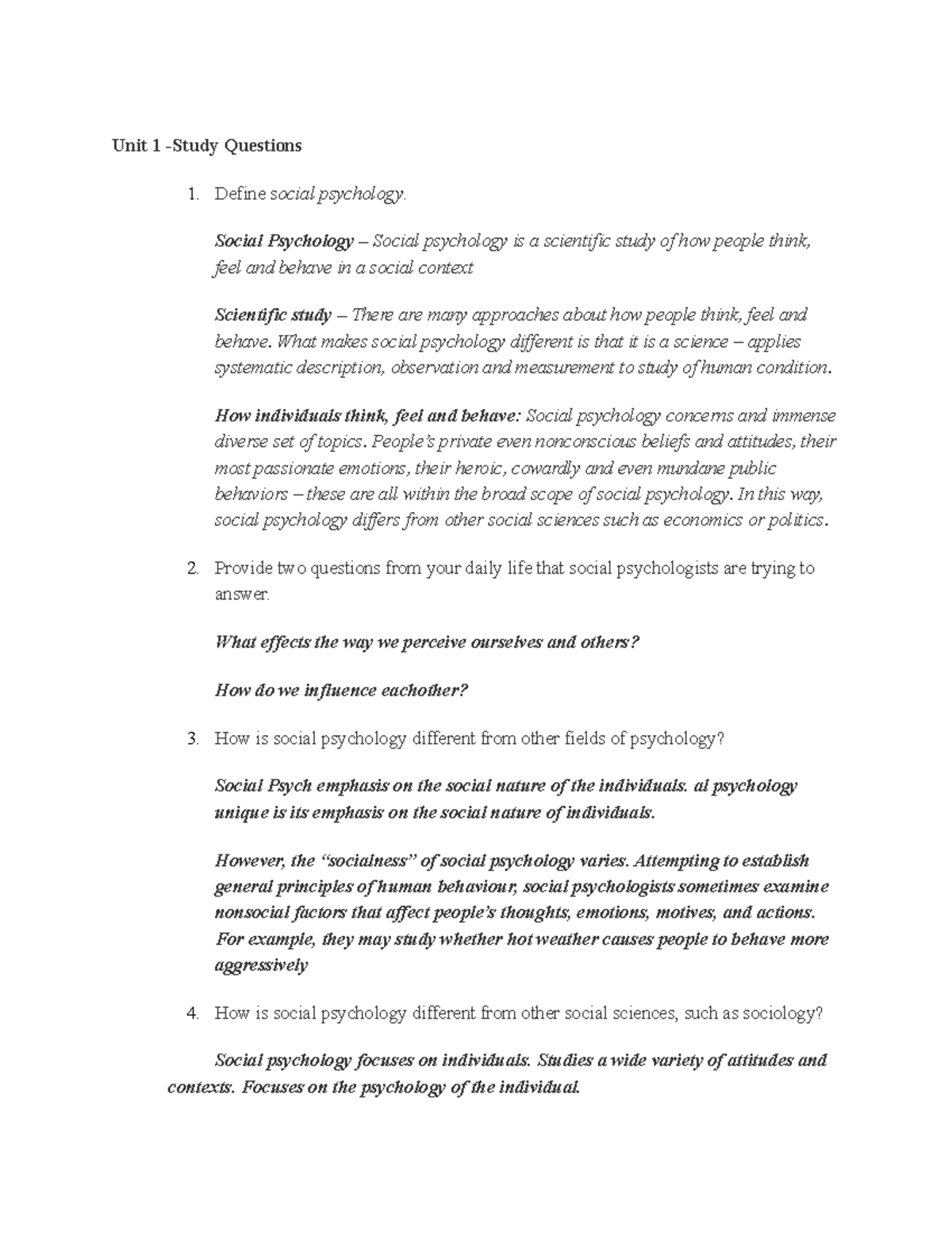 Social Psych unit 1 - Lecture notes 1 - Unit 1 -Study Questions Define ...
