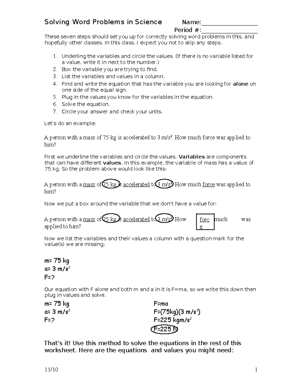 Three laws of motion drill - Solving Word Problems in Science Name ...