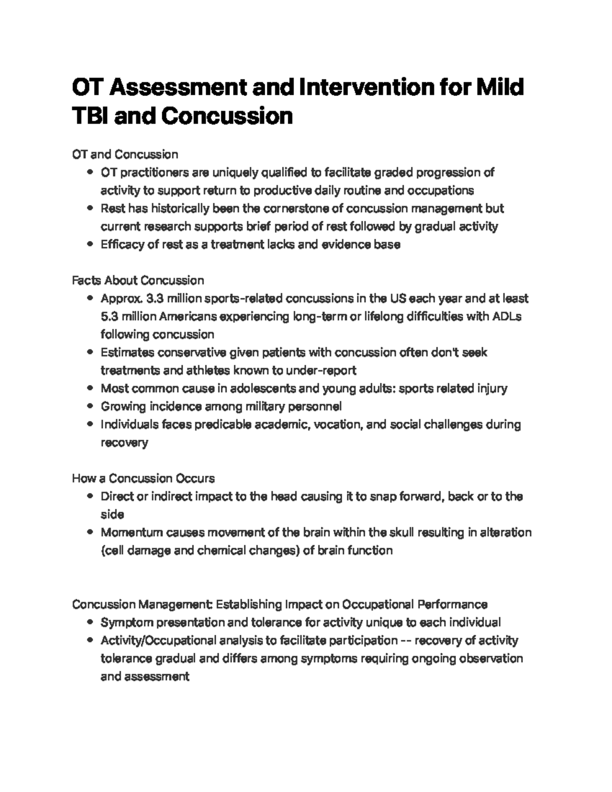 OT Assessment and Intervention for Mild TBI and Concussion - OT As s e ...