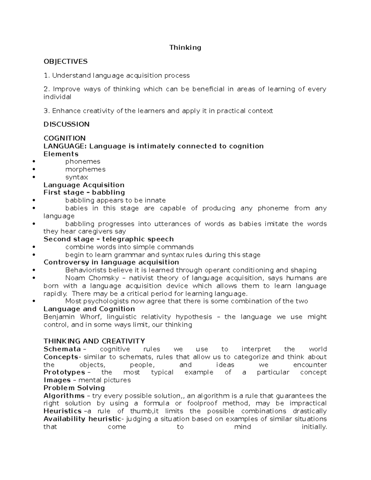 Thinking-lesson - Summary - Thinking OBJECTIVES Understand language ...