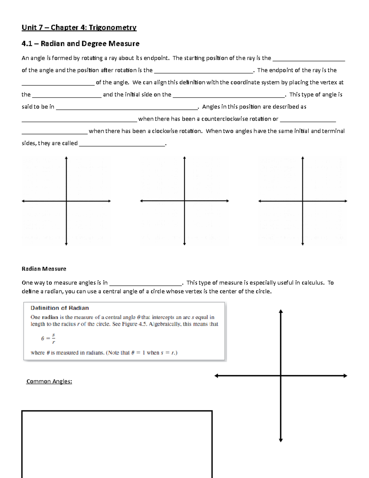 19-20 Chapter 4 Notes - Unit 7 – Chapter 4: Trigonometry 4 – Radian and ...