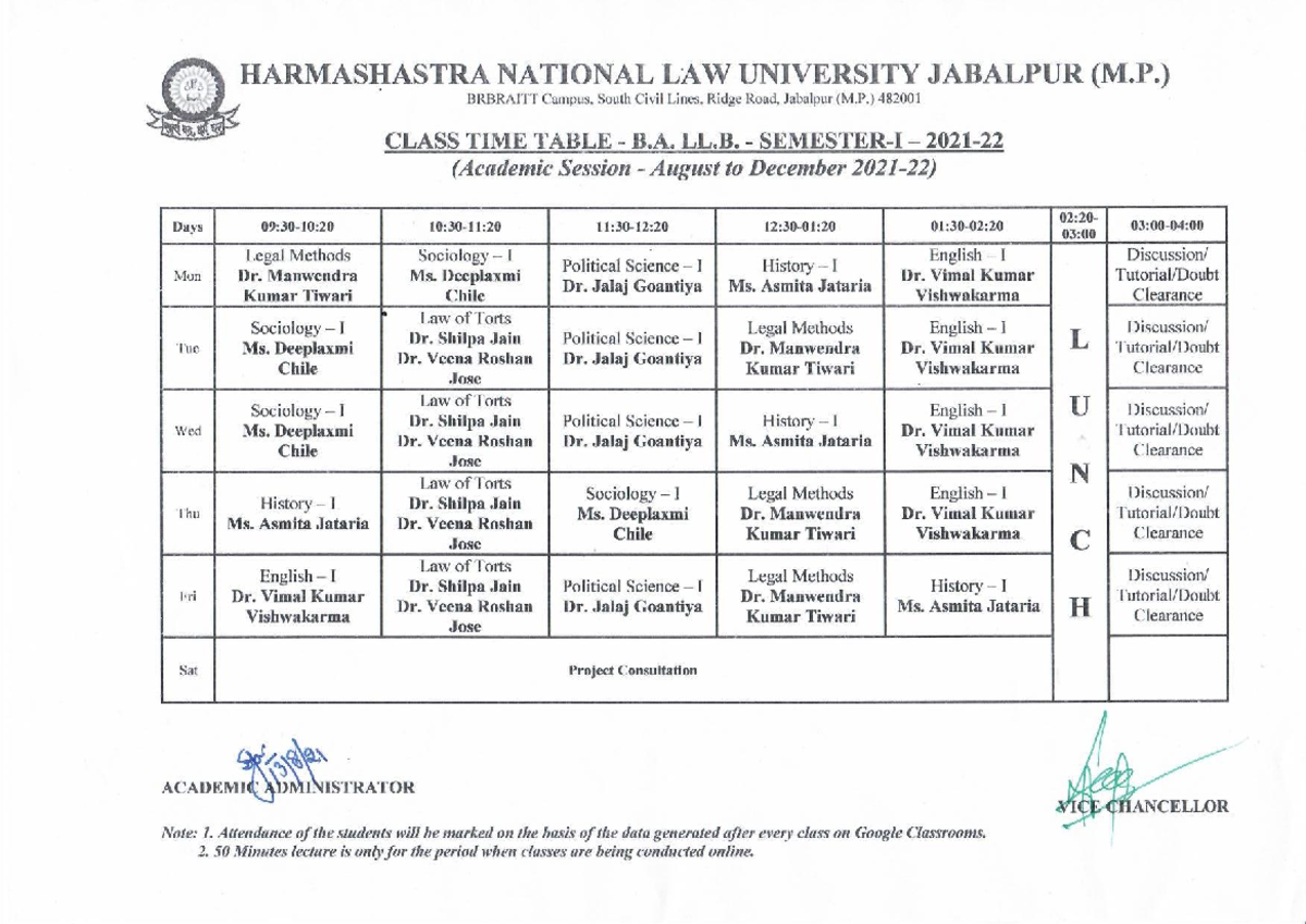 Time Table B.A. LL.B. 2021-22 I Semester - BSc. life sciences - Studocu