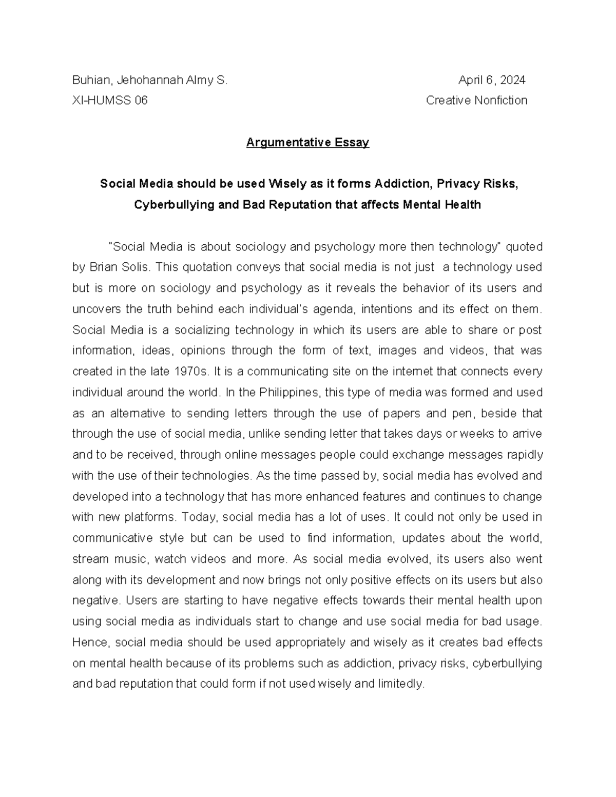 Activity #6 Argumentative Essay IN CNF - Buhian, Jehohannah Almy S ...