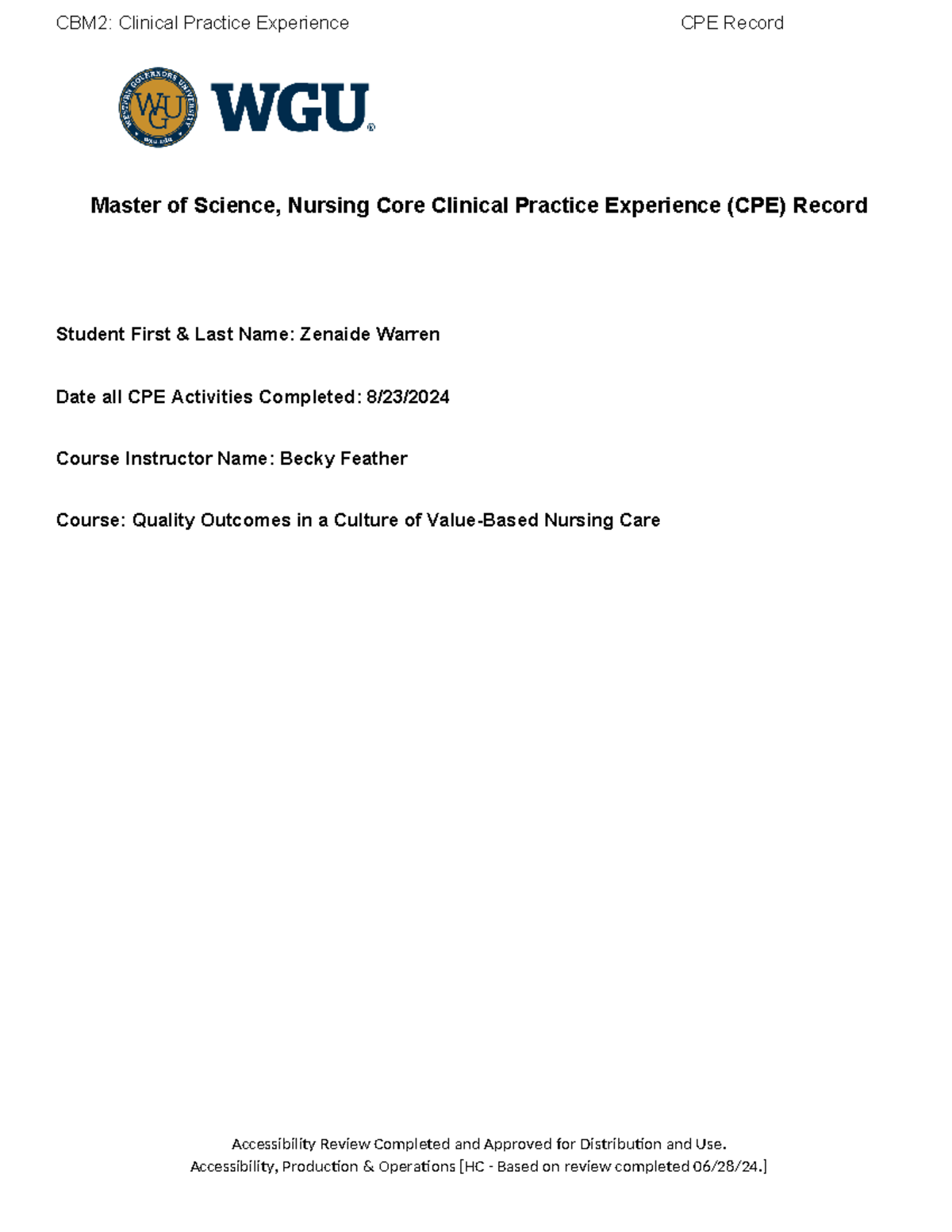 D026 CPE Record - Master of Science, Nursing Core Clinical Practice ...