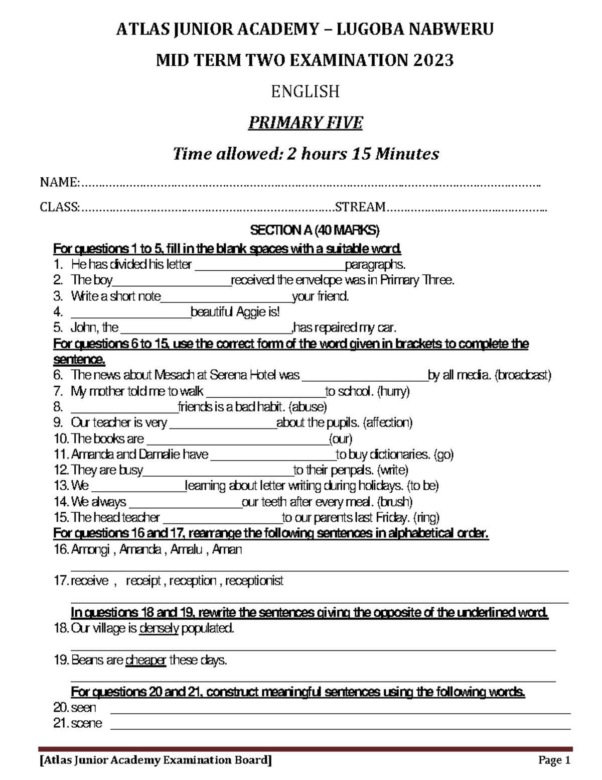 P5 English MID TERM TWO Examination - ATLAS JUNIOR ACADEMY – LUGOBA ...