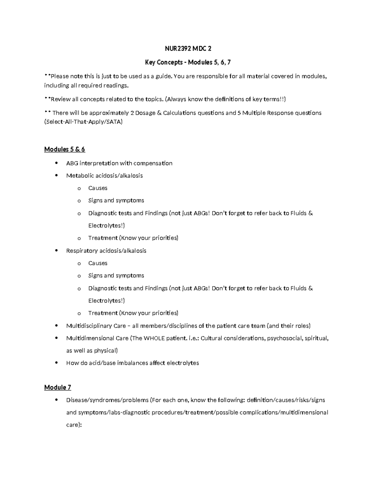 MDC2-Exam2Concept Guide - NUR2392 MDC 2 Key Concepts - Modules 5, 6, 7 ...