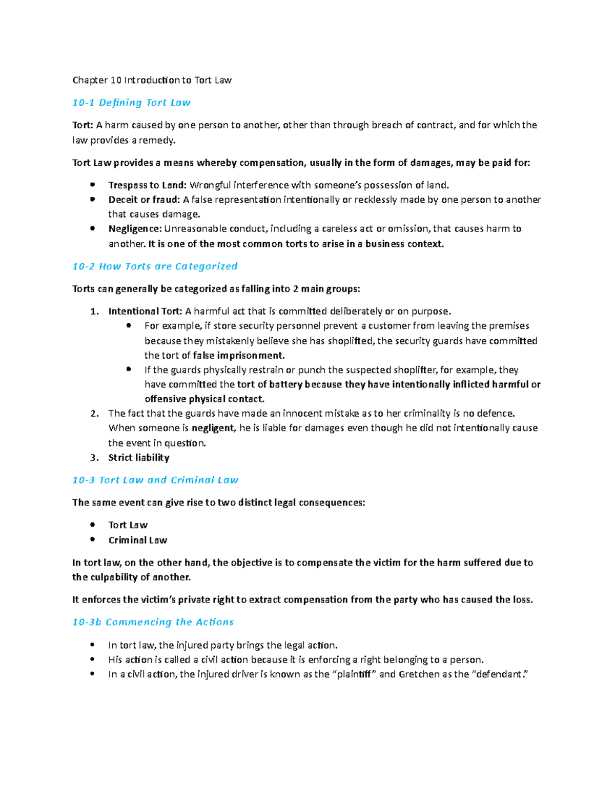 Chapter 10 Introduction to Tort Law - Tort Law provides a means whereby ...