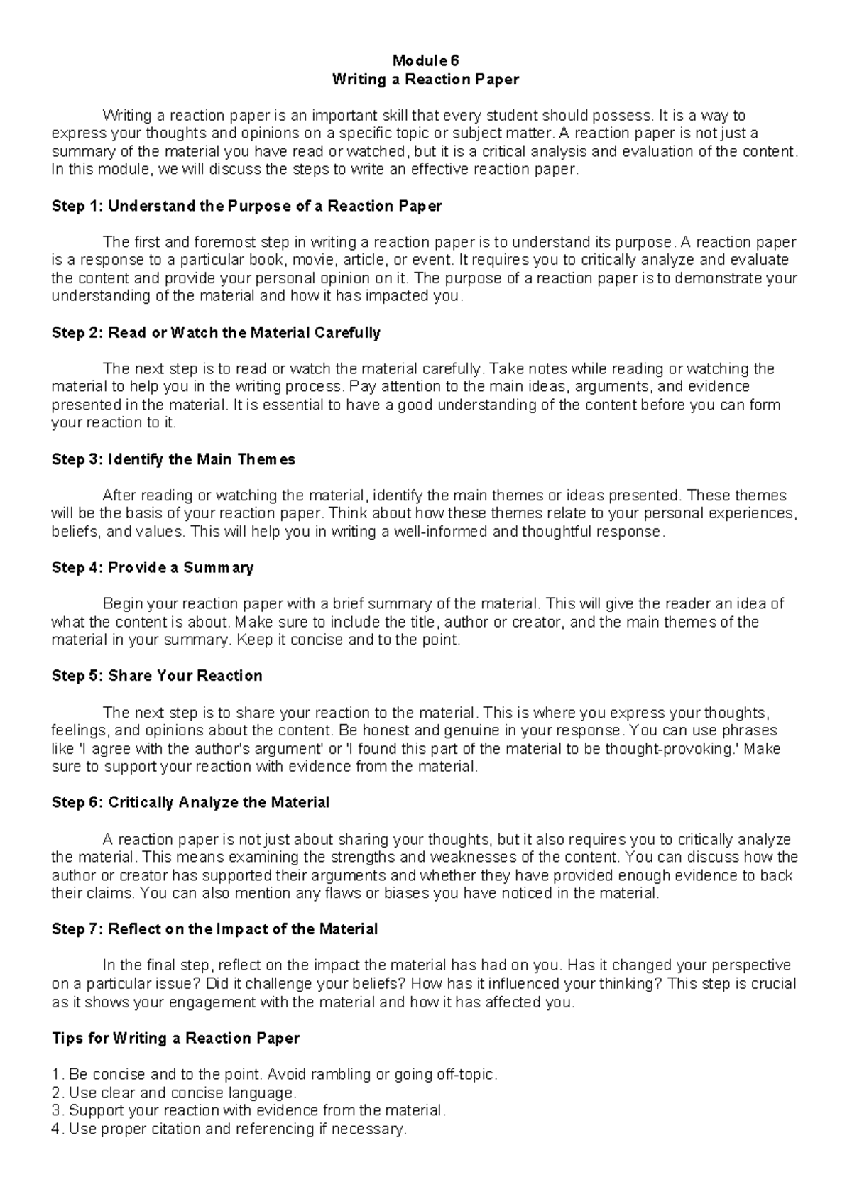 Module 6 Writing a Reaction Paper - Module 6 Writing a Reaction Paper ...