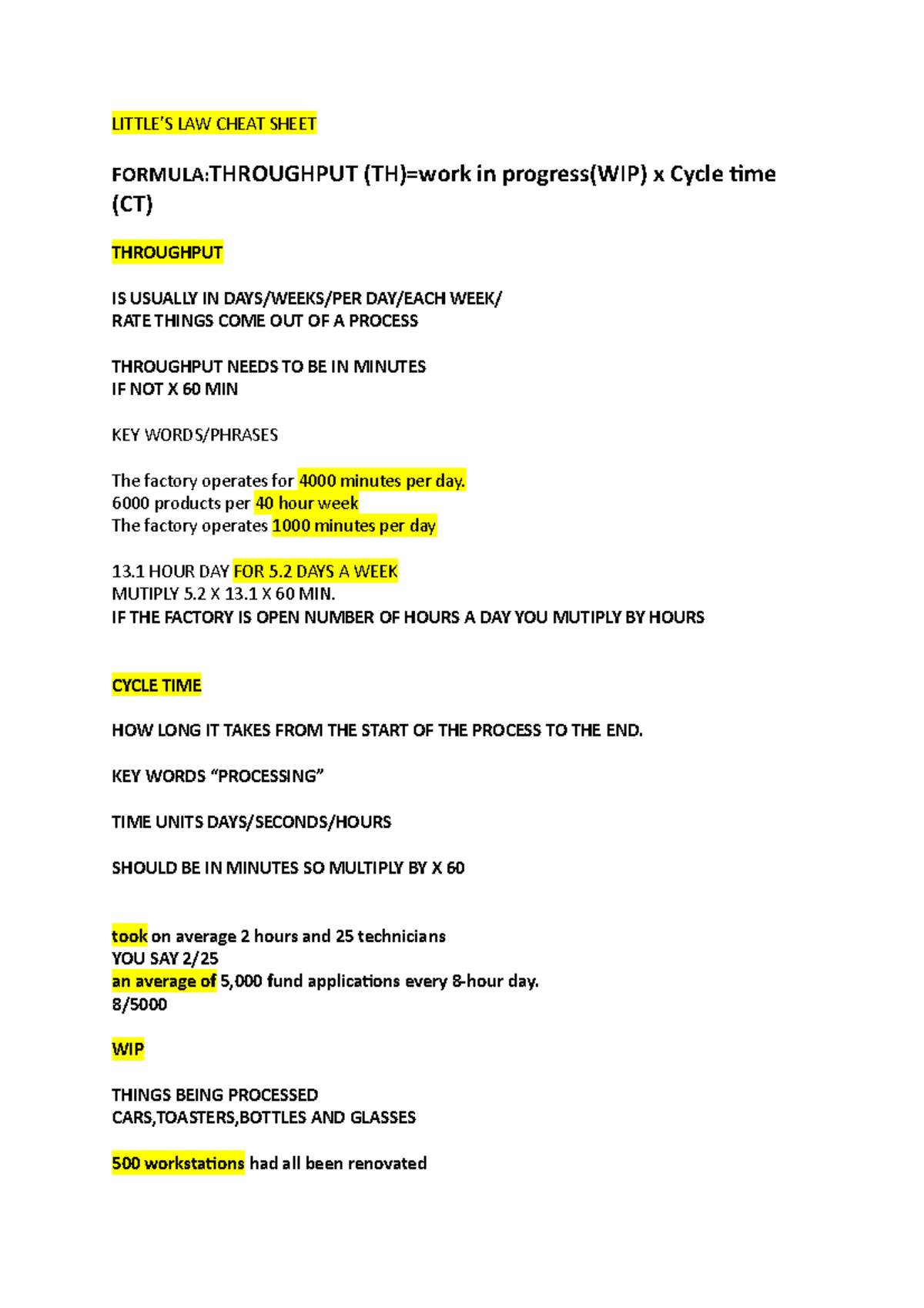 Operations management formula sheet - LITTLE’S LAW CHEAT SHEET FORMULA ...