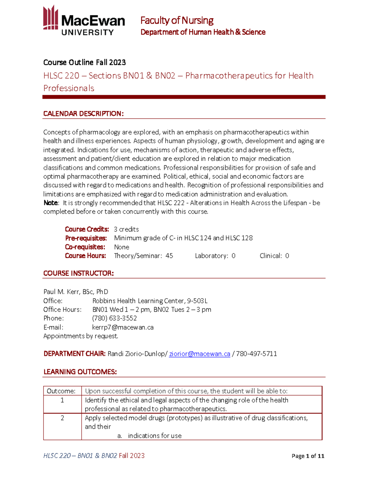 HLSC 220 CO - BN01,BN02 - PK - FA 23 - Faculty of Nursing Department of ...