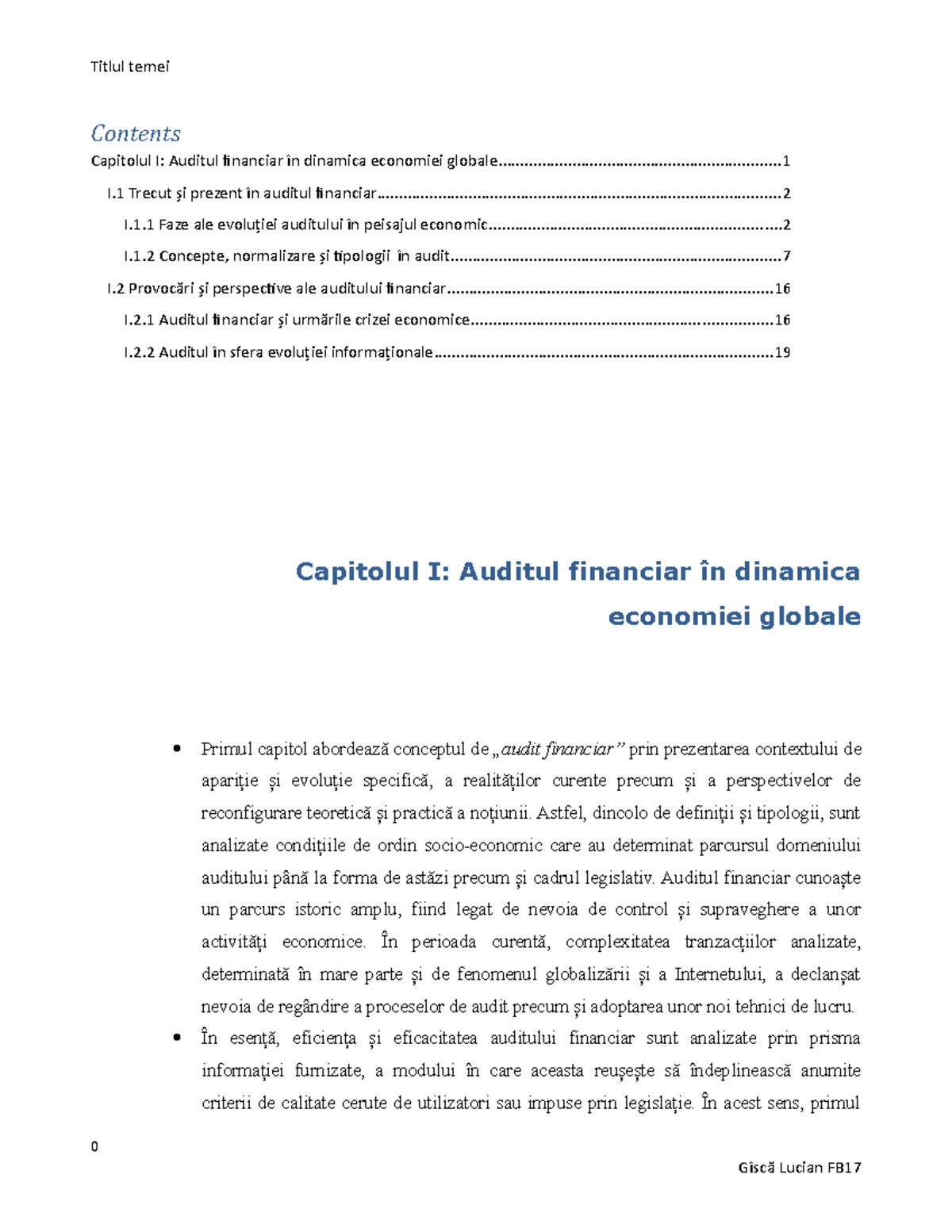 Capitolul I lucru Word - Titlul temei Contents Capitolul I: Auditul ...