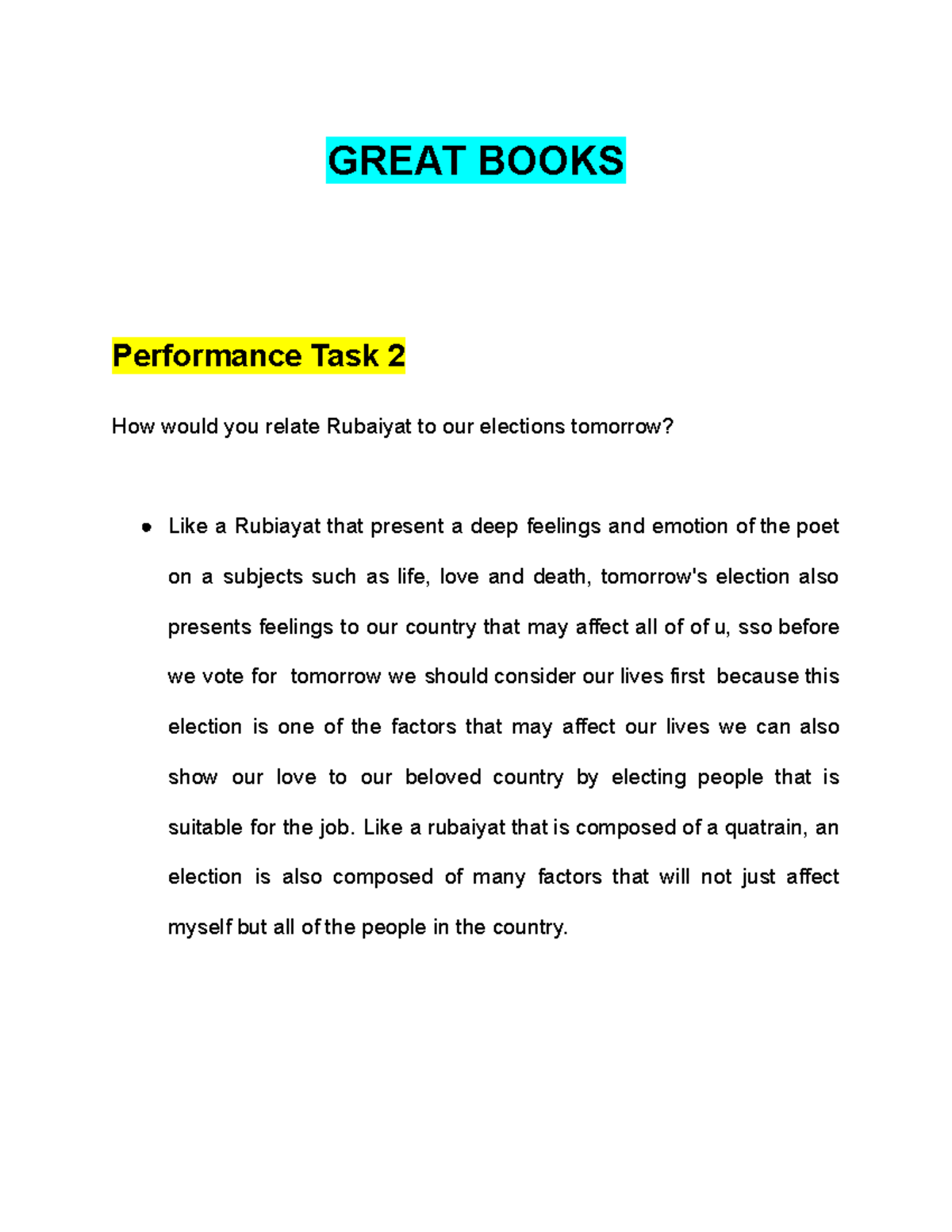Great Books - Performance Task 2 - GREAT BOOKS Performance Task 2 How ...